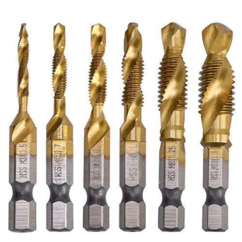 YDLQWCZ Combination Drill Tap Bit Set 6 Piece Hex Shank Quick Change HSS Titanium Coated Spiral Tap Drill Bit Include M3 M4 M5 M6 M8 M10 Spiral Screw Tap Set