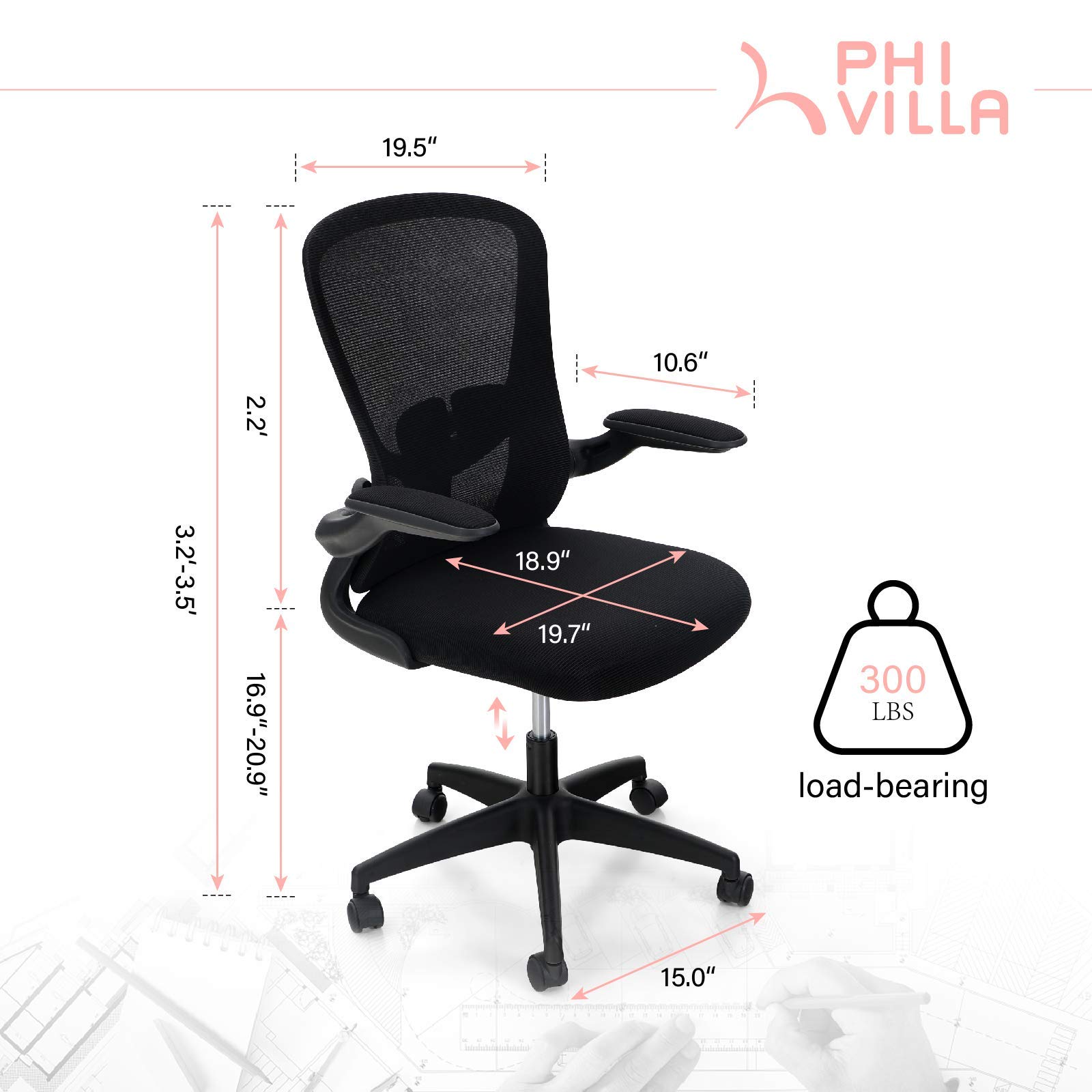 PHI VILLA Office Desk Chairs with Mid Back, Ergonomic Home Office Mesh Desk Chairs with Wheels and Adjustable Armrest,Adjustable Height for Women and Men,Maximum Load Capacity:250 lbs