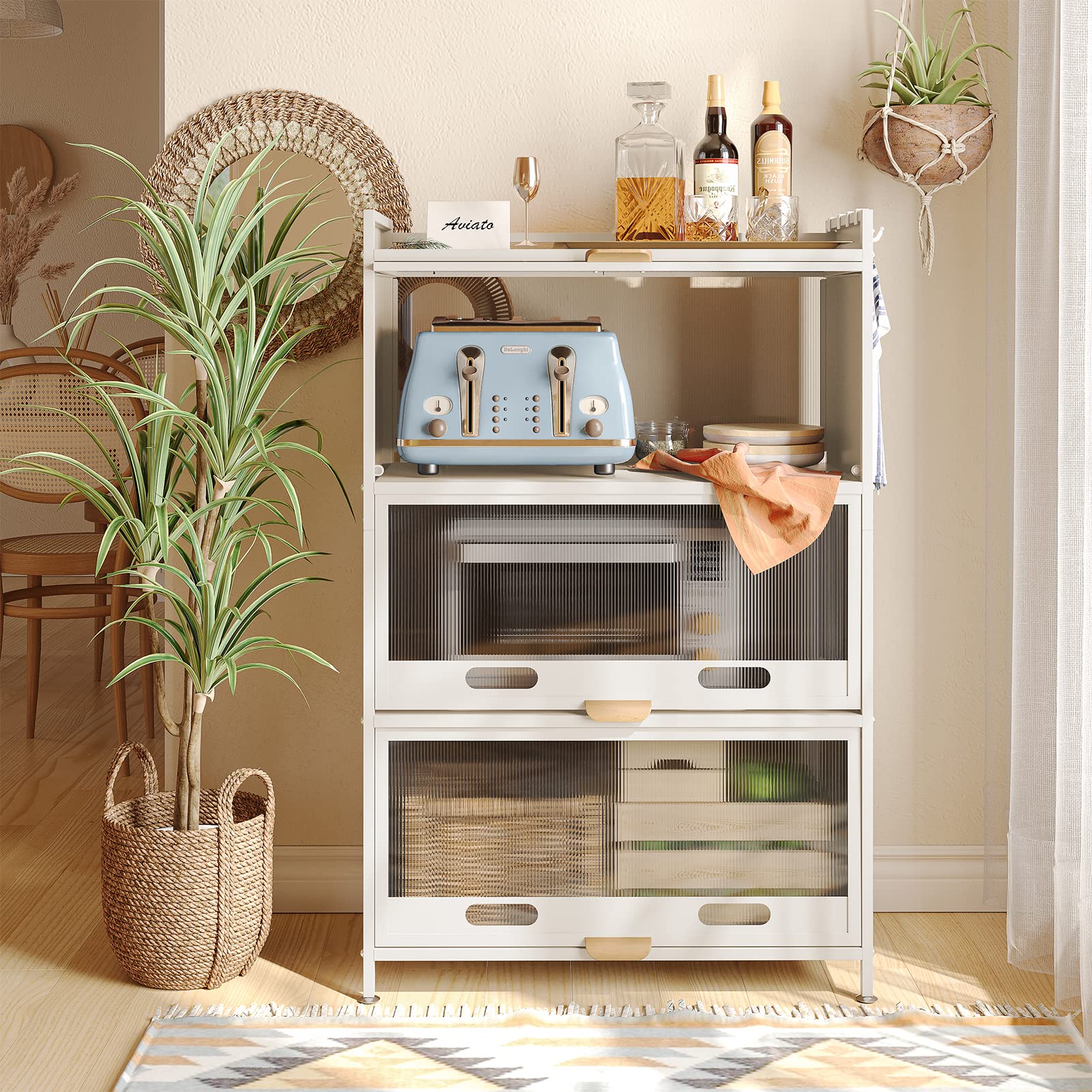 NETEL Kitchen Bakers Rack, Microwaves Rack Storage Rack 4 Tiers, Kitchen Microwave Stand with 4 Hooks,Kitchen Storage Shelf Rack for Spices, Pots and Pans, with of Brakeable Casters - White