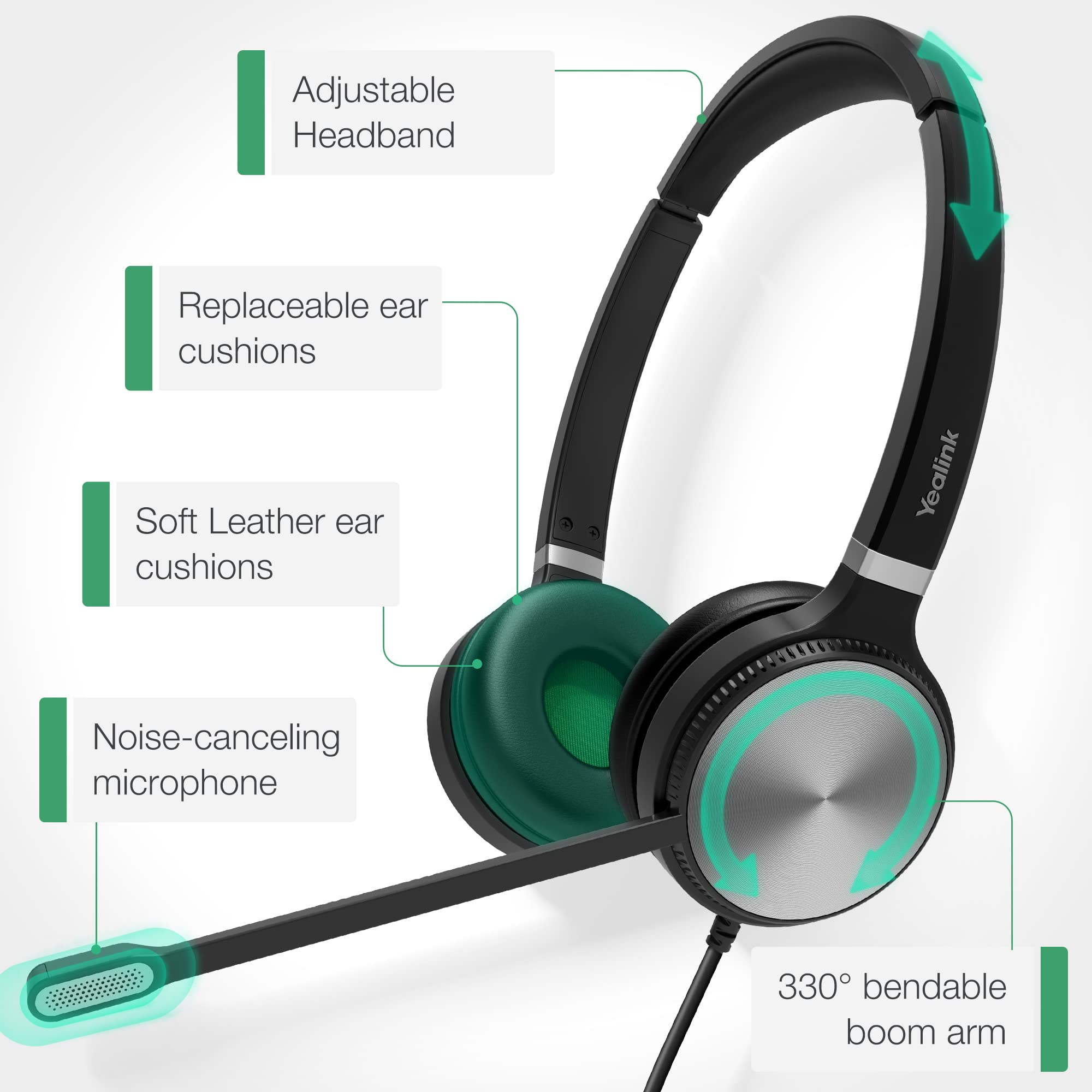 Yealink UH36 Professional Wired Headset - Telephone Headphones for Calls and Music, Noise Cancelling Headset with Mic for Computer PC Laptop(for Teams Optimized, Stereo,3.5mm Jack/USB Connection)