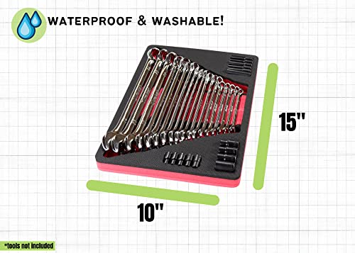 Polar Whale Tool Drawer Organizer Wrench Holder Insert Red and Black Durable Foam Strong Tray 15 x 10 Inches with 3 Pockets for Accessories Fits Duralast and Many Others