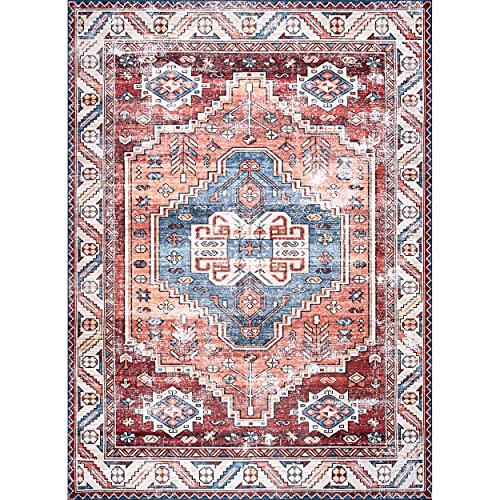 nuLOOM Marli Machine Washable Faded Medallion Ultra Thin Area Rug, 9' x 12', Rust