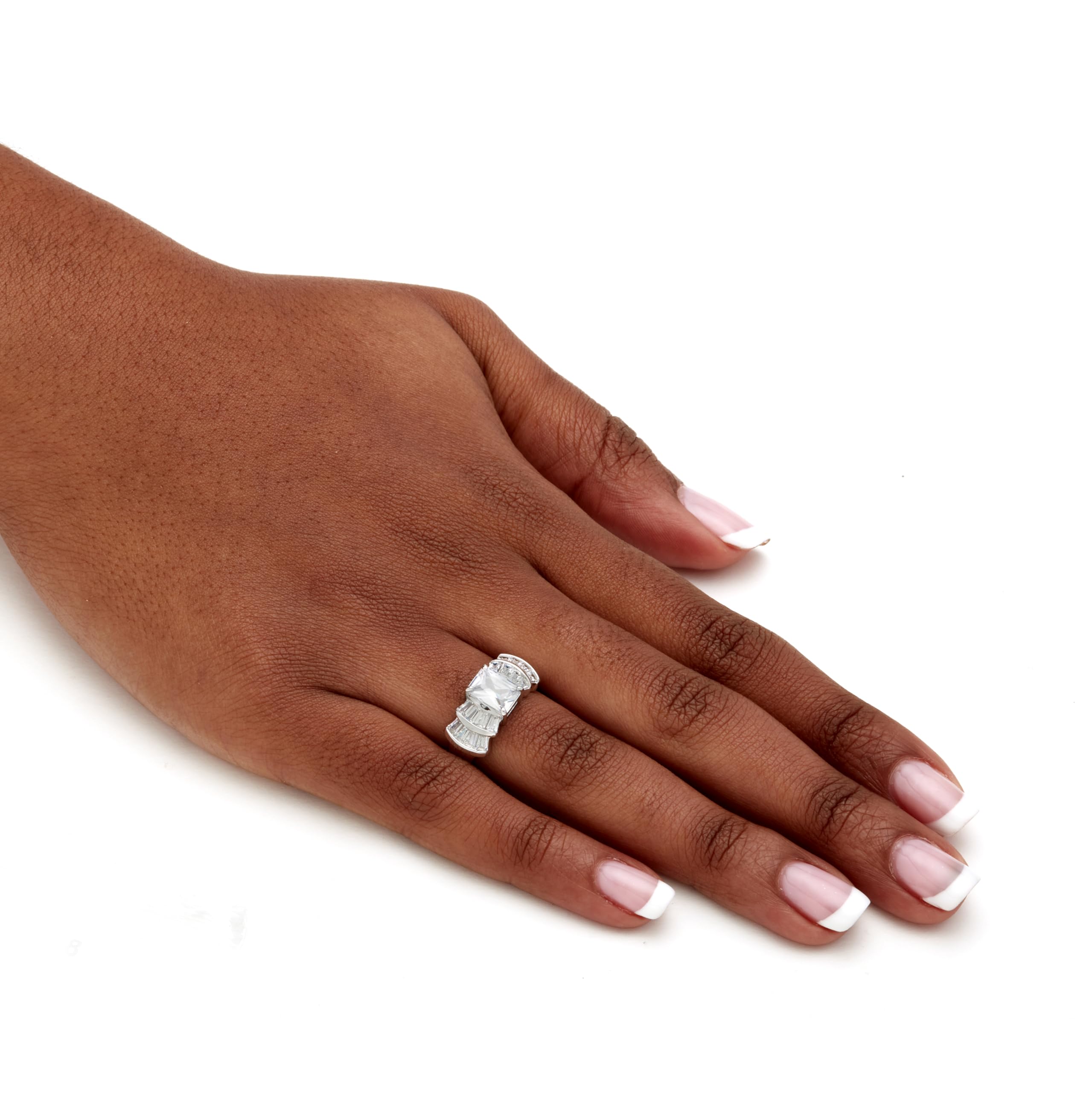 PalmBeach Yellow Gold-Plated or Platinum-Plated Sterling Silver Emerald Cut & Baguette Cubic Zirconia Step Cut Engagement Ring Size 6