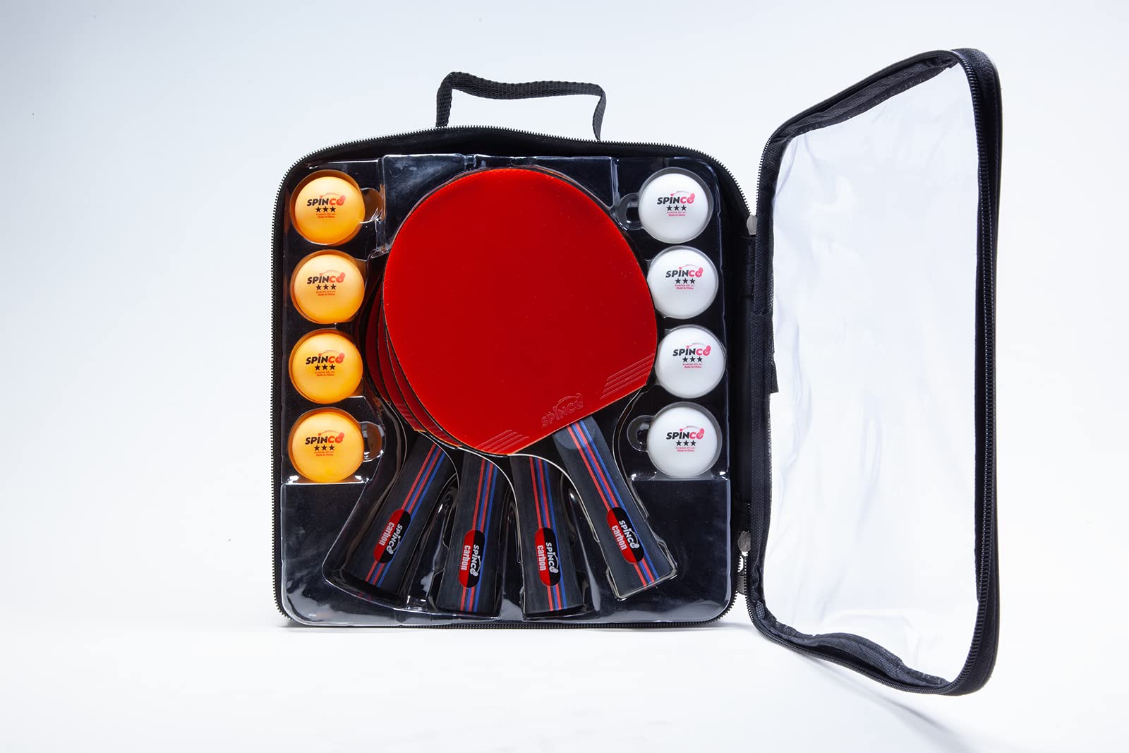 Spinco Carbon Pro Ping Pong Paddle Set of 4 | 2 Layer Carbon Blade with 5 ply Wood | Eight 3-Star Premium 40 + ABS Balls | Beautiful Storage Case.
