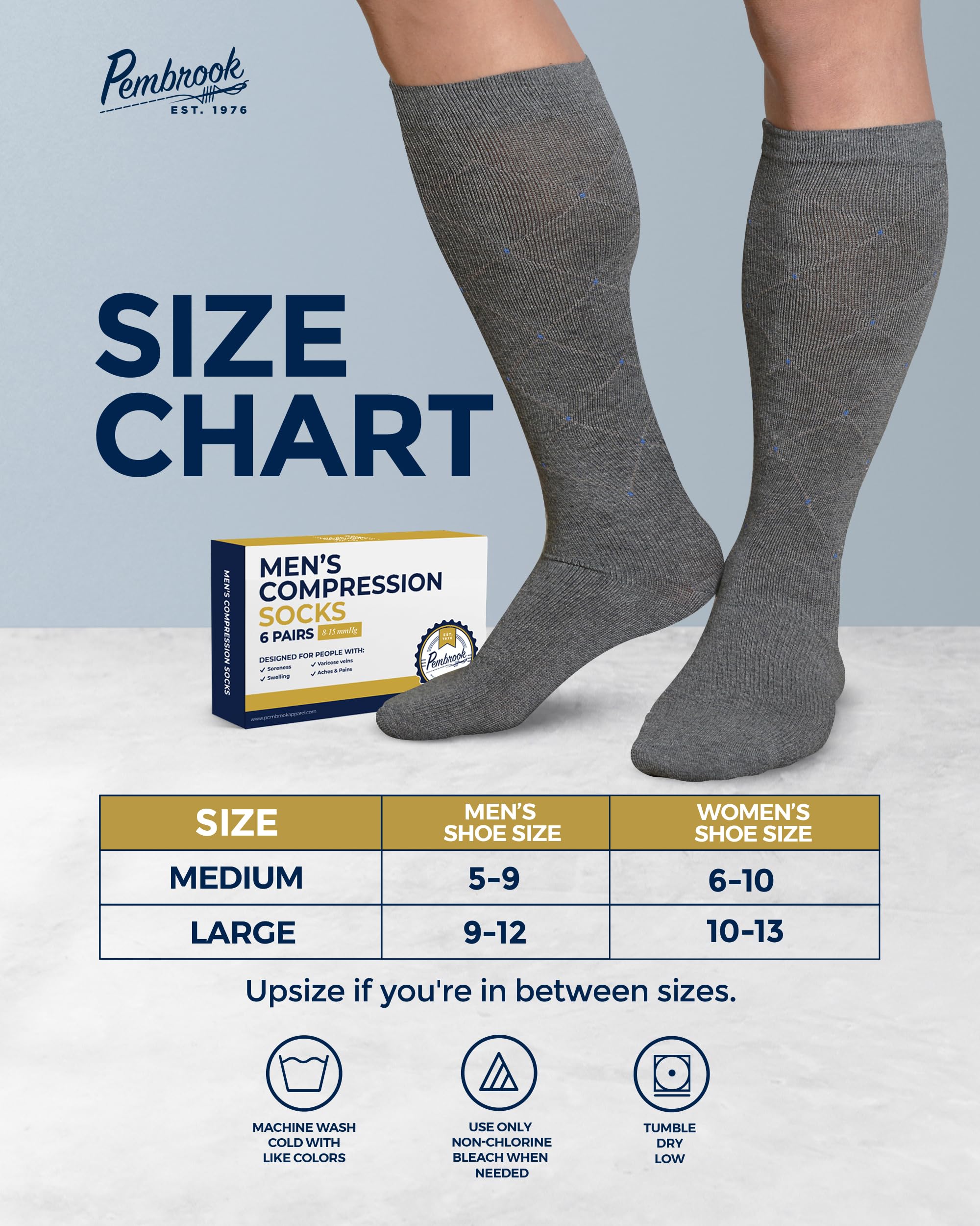 Pembrook Light Compression Socks for Men - 6 Pairs | 8-15 mmHg Cotton Compression Socks Men | Polkadots, Stripes, Argyle, Grey, Black Compression Socks for Men | Support Socks for Men
