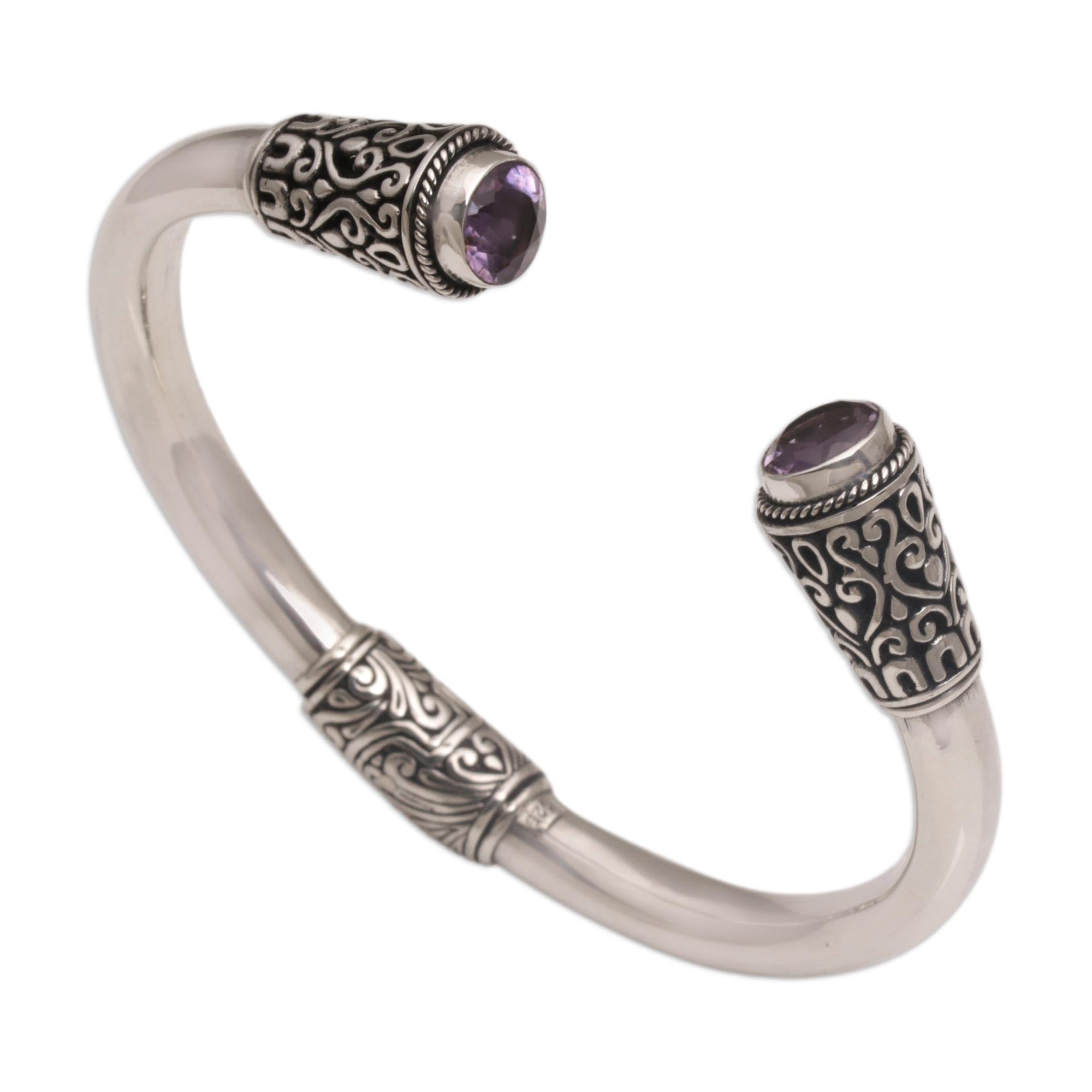 NOVICA Artisan Handmade Amethyst Cuff Bracelet Sterling Silver from Bali Purple Indonesia Birthstone [6 in L (end to End) x 0.4 in W] ' Daylight Altar'