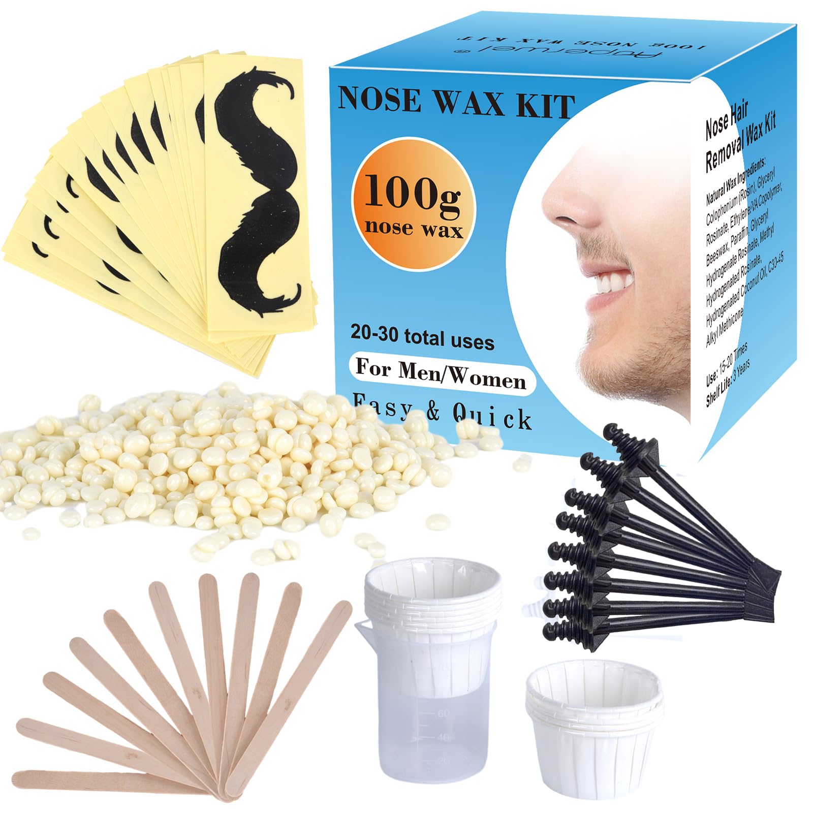 Nose Wax Kit, Auperwel Nose Ear Hair Instant Removal Kits 15-20 Times Usage, Nostril Waxing Kit for Men Women, Safe Easy Quick, 100g Wax, 20 Black Stcik Applicator, 15 Mustache Guards, 10pcs Paper Cup