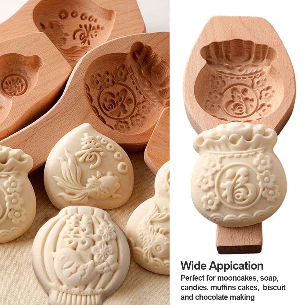 Wooden Cookie Molds Mooncake Mold Cookie Stamps for Baking Pie Press for Christmas Thanksgiving Birthday Mid Autumn Festival DIY(SHOU)