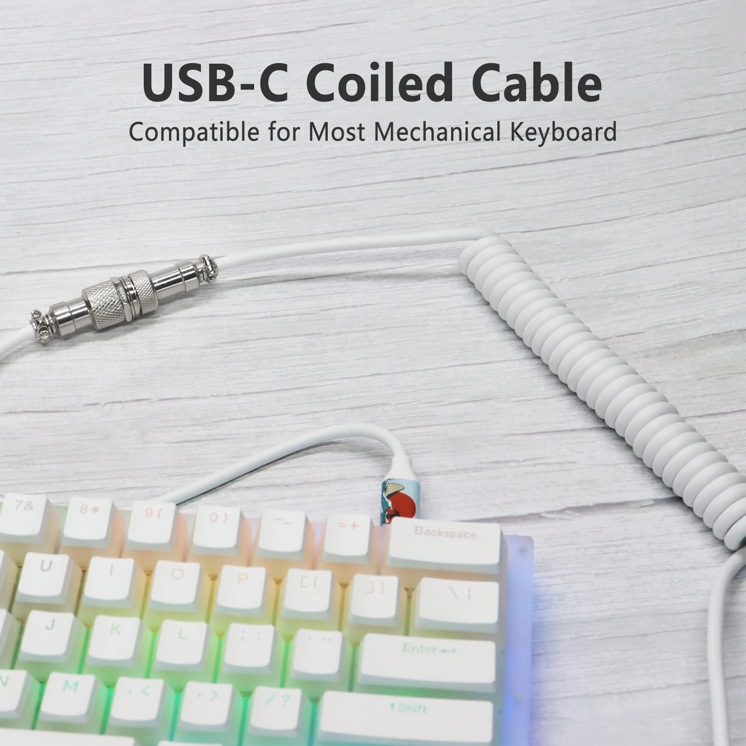 XVX Coiled Keyboard Cable, Double Sleeve White Coiled USB C Cable for Mechanical Keyboard, Keyboard Coiled Cable with Detachable Metal Aviator, 5.9in, USB-C to USB-A, Coral Sea Pattern