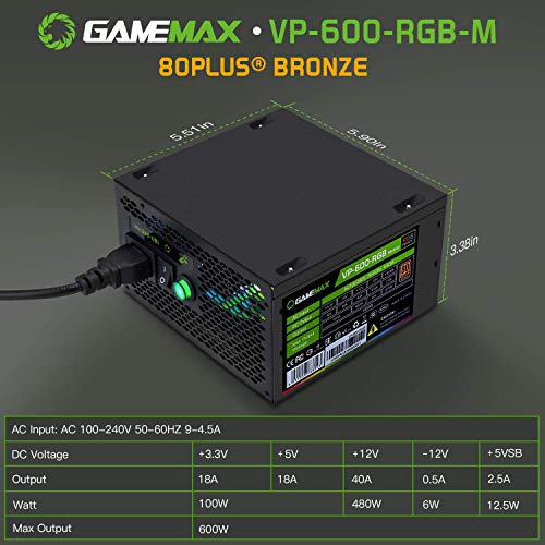 Power Supply 600W Semi Modular 80+ Bronze, GAMEMAX VP-600-RGB(Modular)