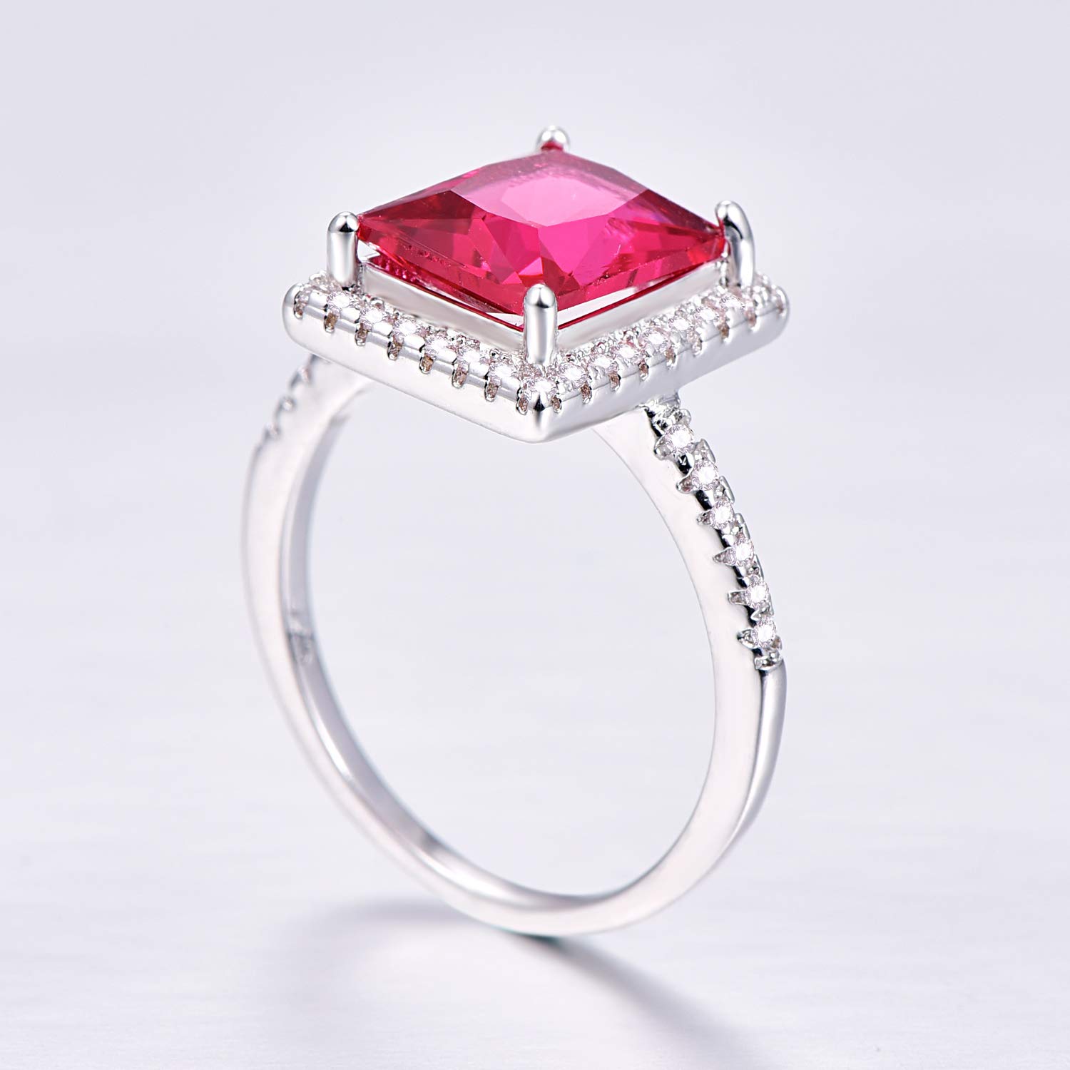 Psiroy 925 Sterling Silver Plated Simulated Ruby Spinel Classic Emerald Cut Halo Engagement Ring for Women Size 9