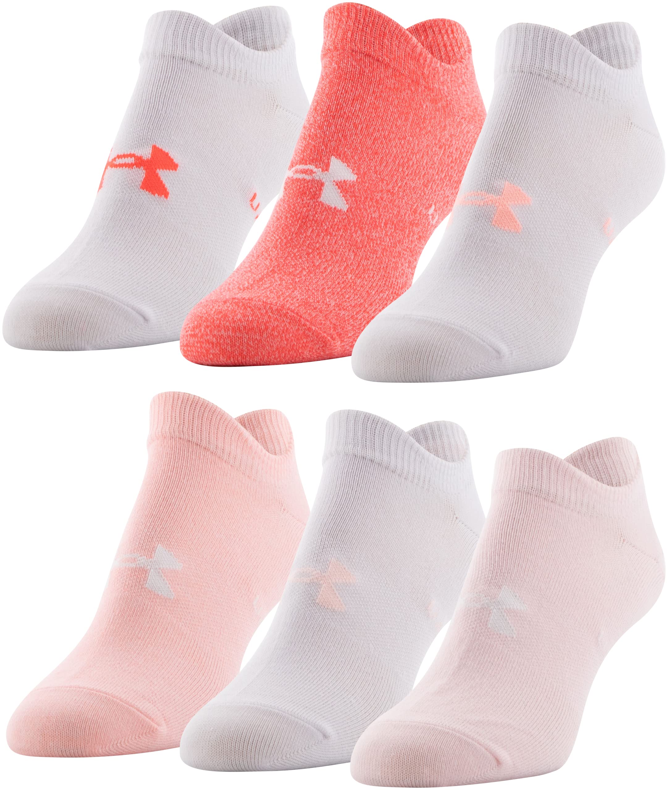 Under Armour Women's Essential 2.0 Lightweight No Show Socks, 6-Pairs, Beta Tint/White/White, Medium