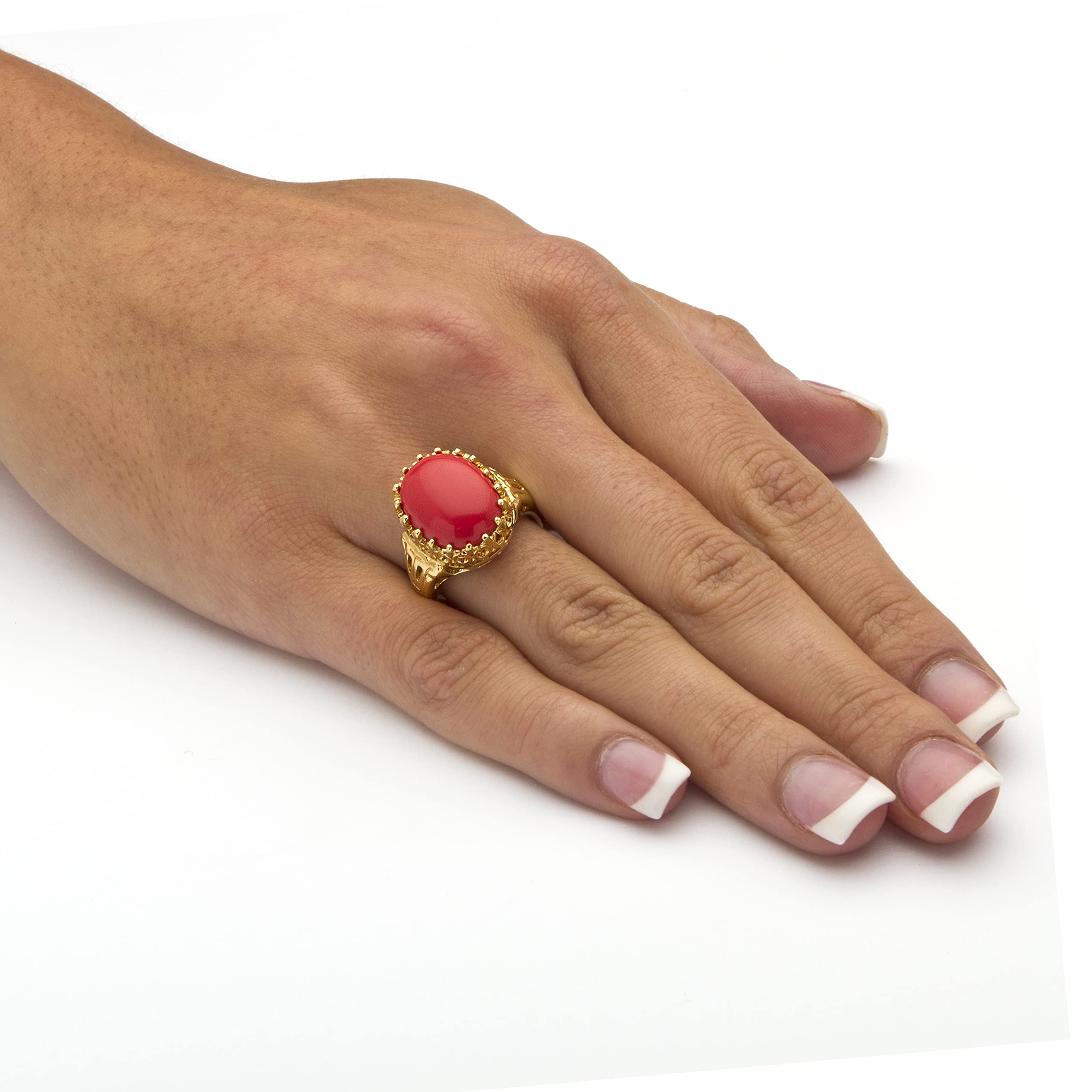 PalmBeach Yellow Gold-Plated Oval Shaped Simulated Orange Coral Cabochon Filigree Cocktail Ring Sizes 5-10 Size 7