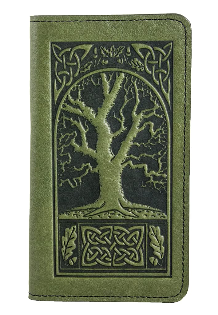Oberon Design Celtic Oak Embossed Genuine Leather Checkbook Cover, 3.5x6.5 Inches, Fern Color, Made in the USA