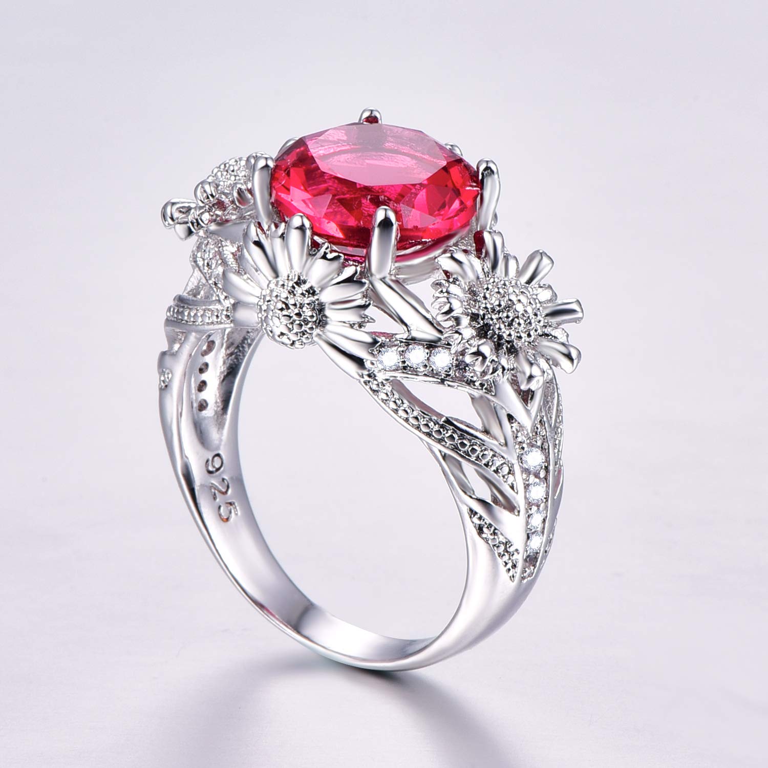Psiroy 925 Sterling Silver Created Ruby Spinel Filled Dasiy Flower Cocktail Ring for Women Size 12