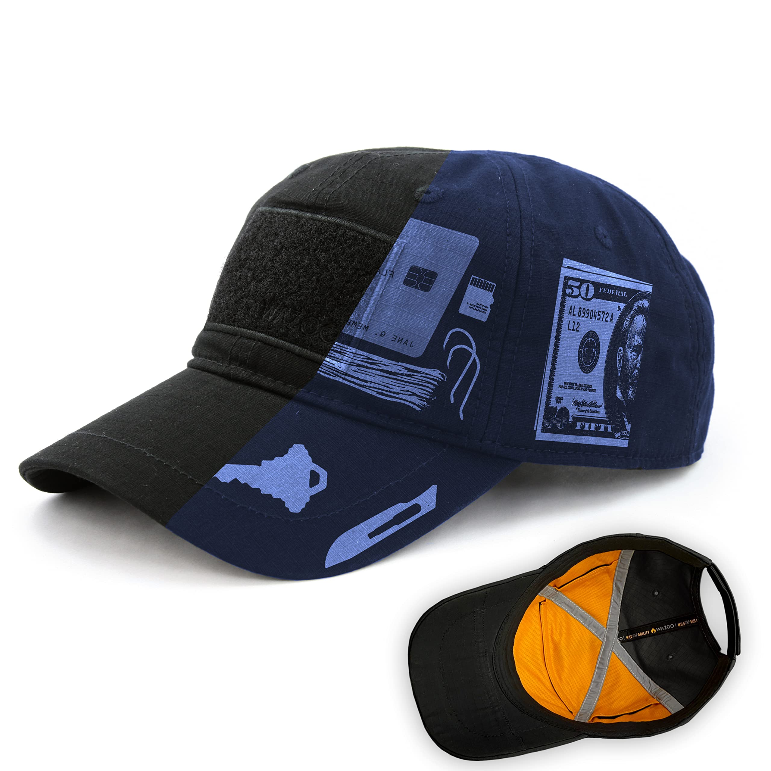 Wazoo Cache Cap | Travel, Tactical & Everyday Carry Cap | 6 Hidden Pockets for Emergency Cash, Documents, Keys and Tools (Blue)