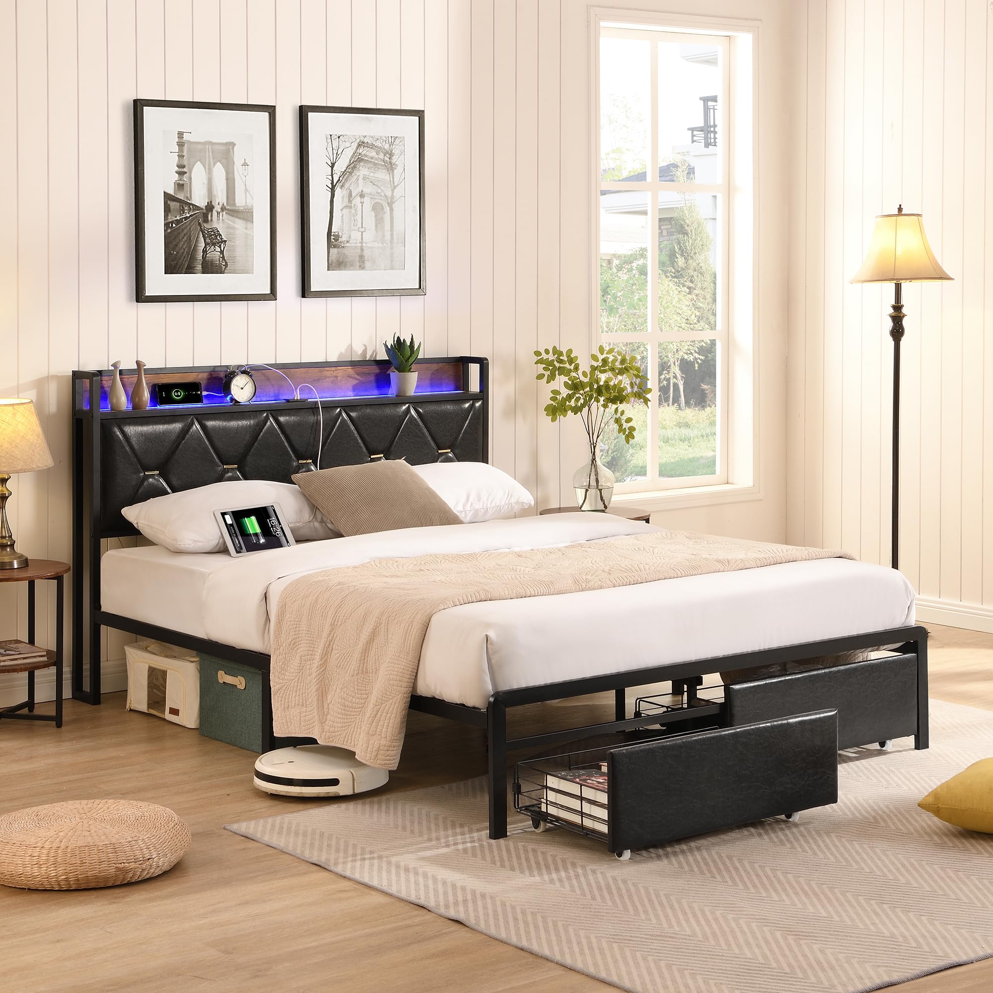 Nicxxtar Queen Size Platform Bed Frame with Headboard Storage Drawer and USB Charging Ports, Black Queen Bed Frame