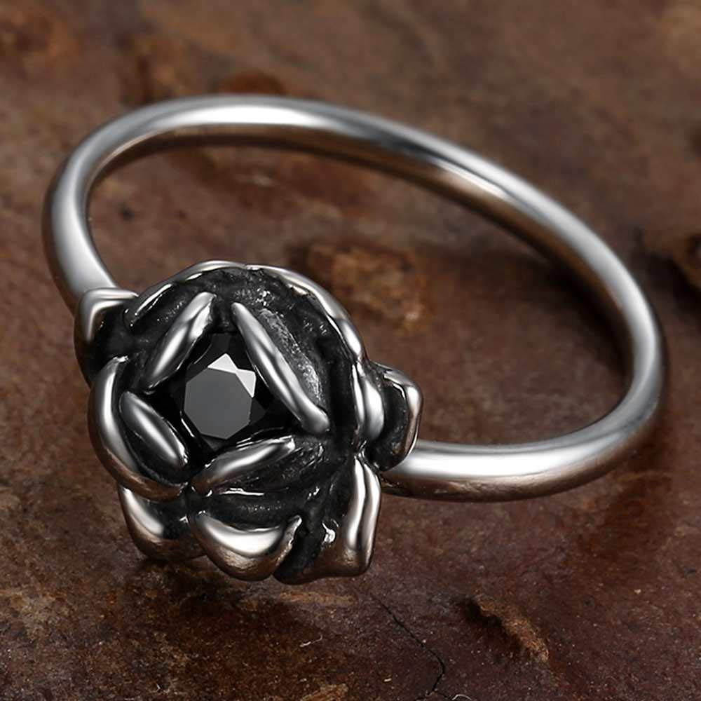 Retro Vintage Stainless Steel Rose Flower Cubic Zircon Statement Promise Anniversary Ring (Black, 7)