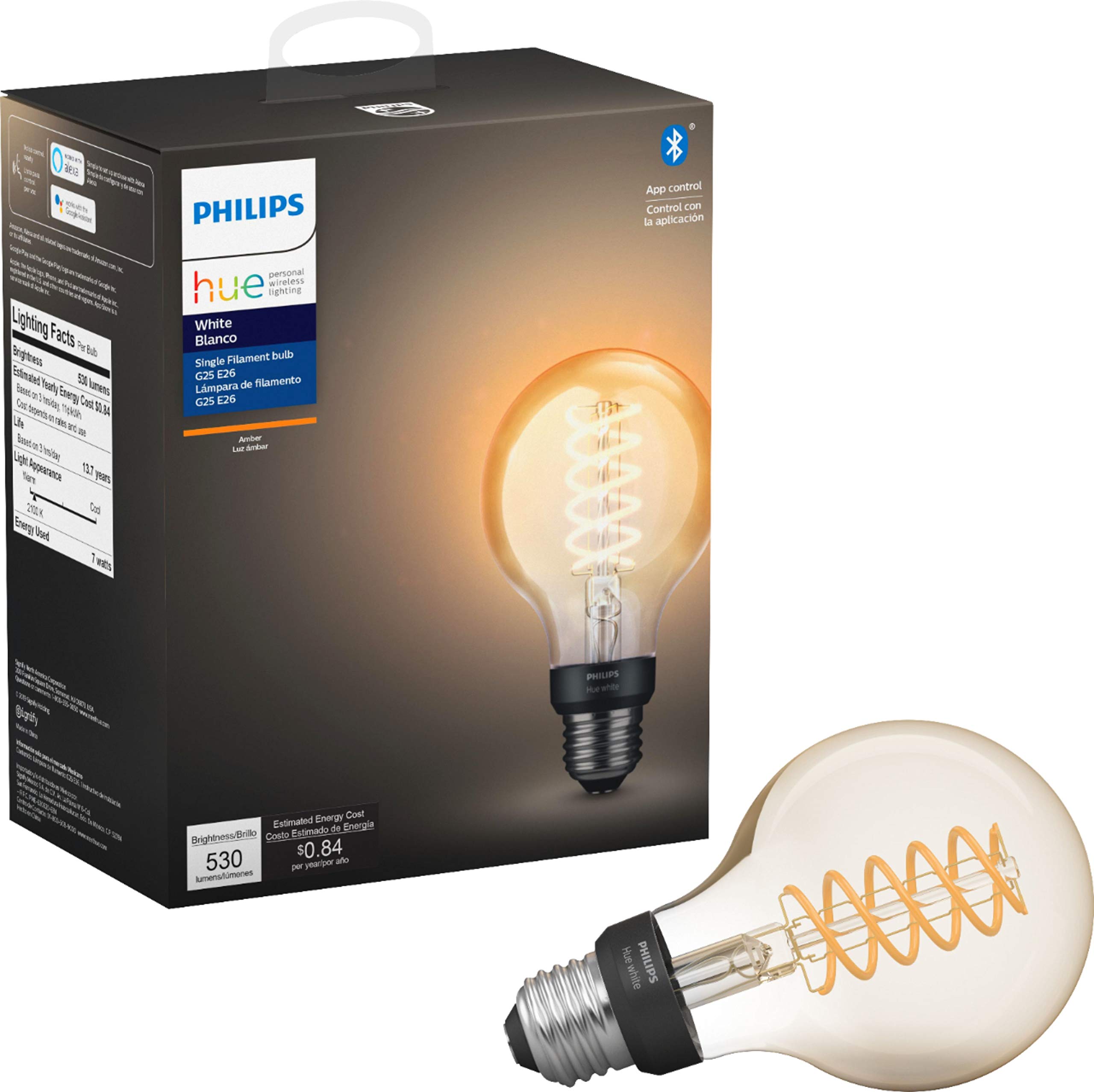 Philips Hue White Filament Globe G25 LED Smart Vintage Bulb, Bluetooth & Hub Compatible (Hue Hub Optional), Voice Activated with Alexa