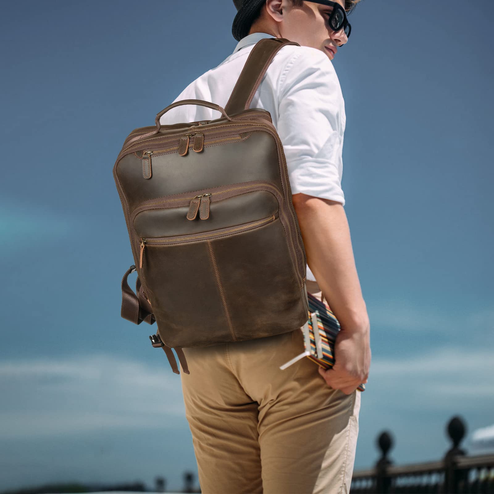 Polare 17.3 Inch Full Grain Leather Business Large Laptop Backpack 26L Travel Retro Daypack Weekender Computer Rucksack