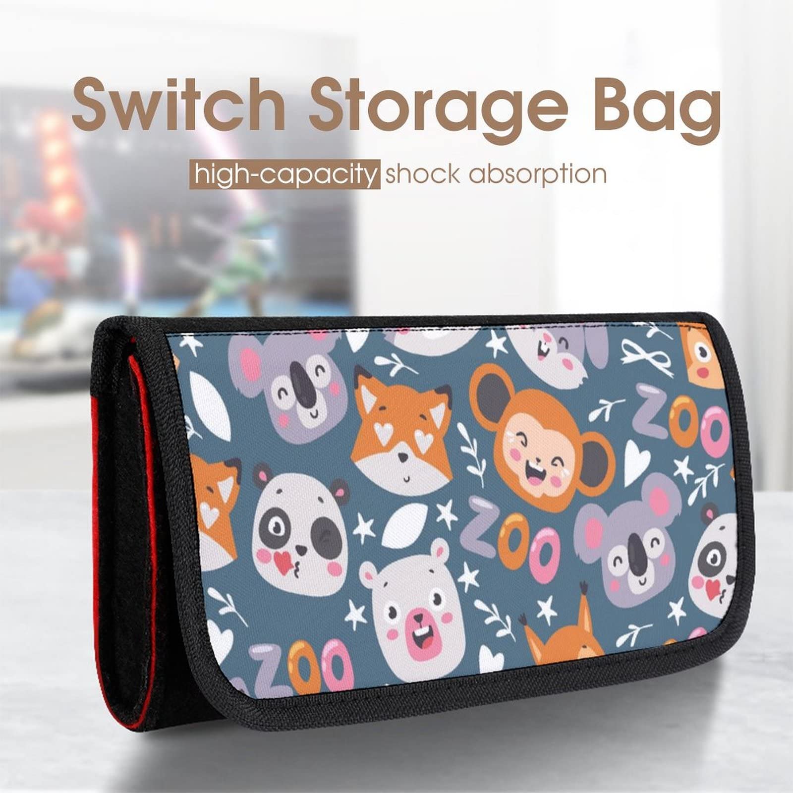 Zoo Animals Carrying Bag Compatible with Switch Protective Case Slim Felt Pouch with 5 Game Cartridges Holders