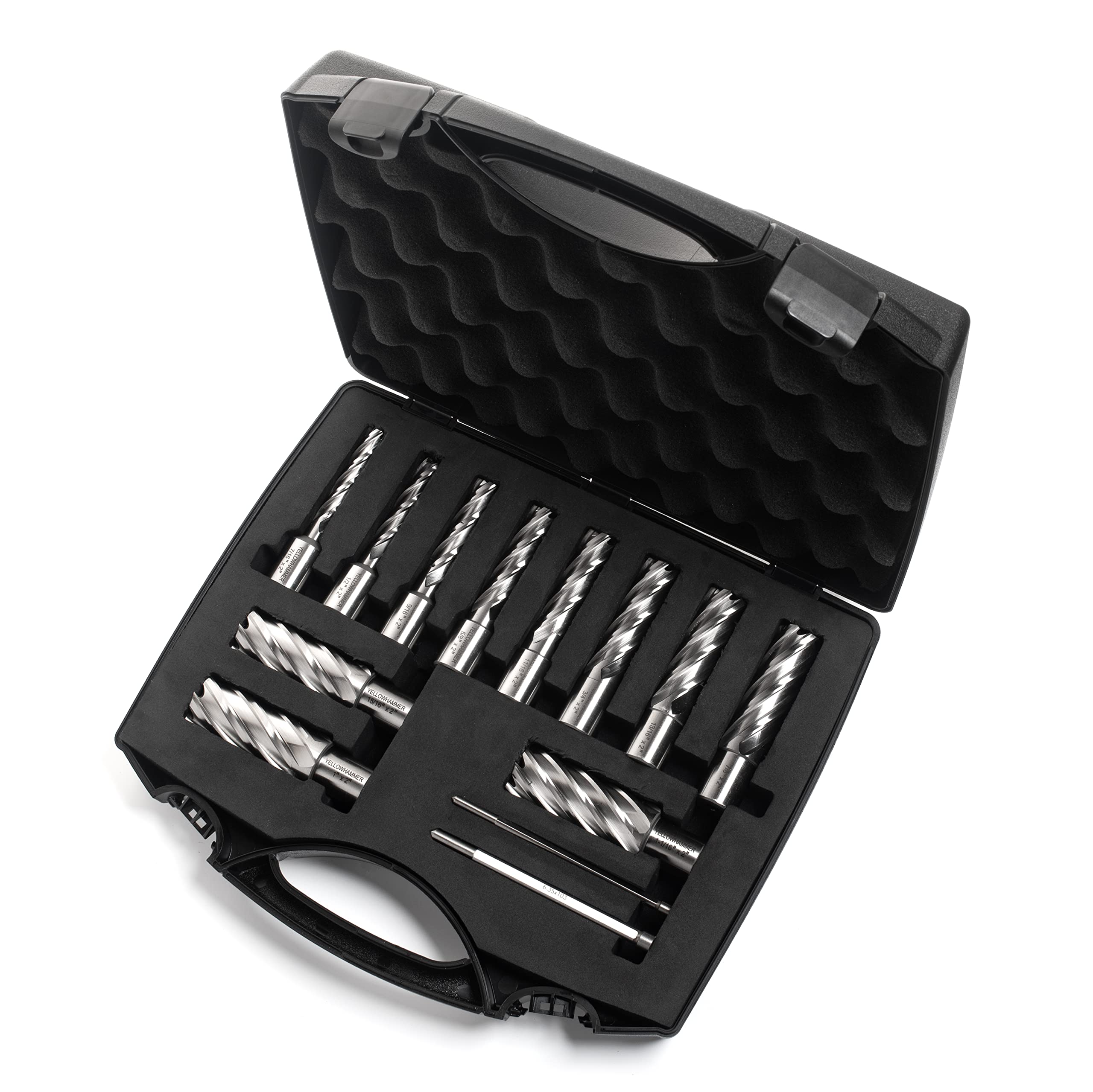 Yellowhammer 13 PC Premium Annular Cutter Set, 3/4β Weldon Shank, 2β Cutting Depth, Diameters: 7/16",1/2",9/16",11/16",5/8",3/4",13/16",7/8",15/16",1",1-1/16"), 2 pilot pins (4.74x102mm, 6.34x103mm)