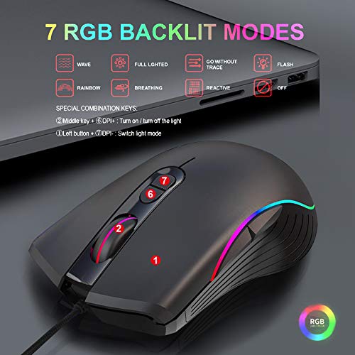 Scorpion Gaming Mouse Wired, Ergonomic Optical Mouse 7 RGB Backlit Modes, 7 Programmable Buttons 6400 DPI PC Gaming Mice for Laptop Computer Macbook