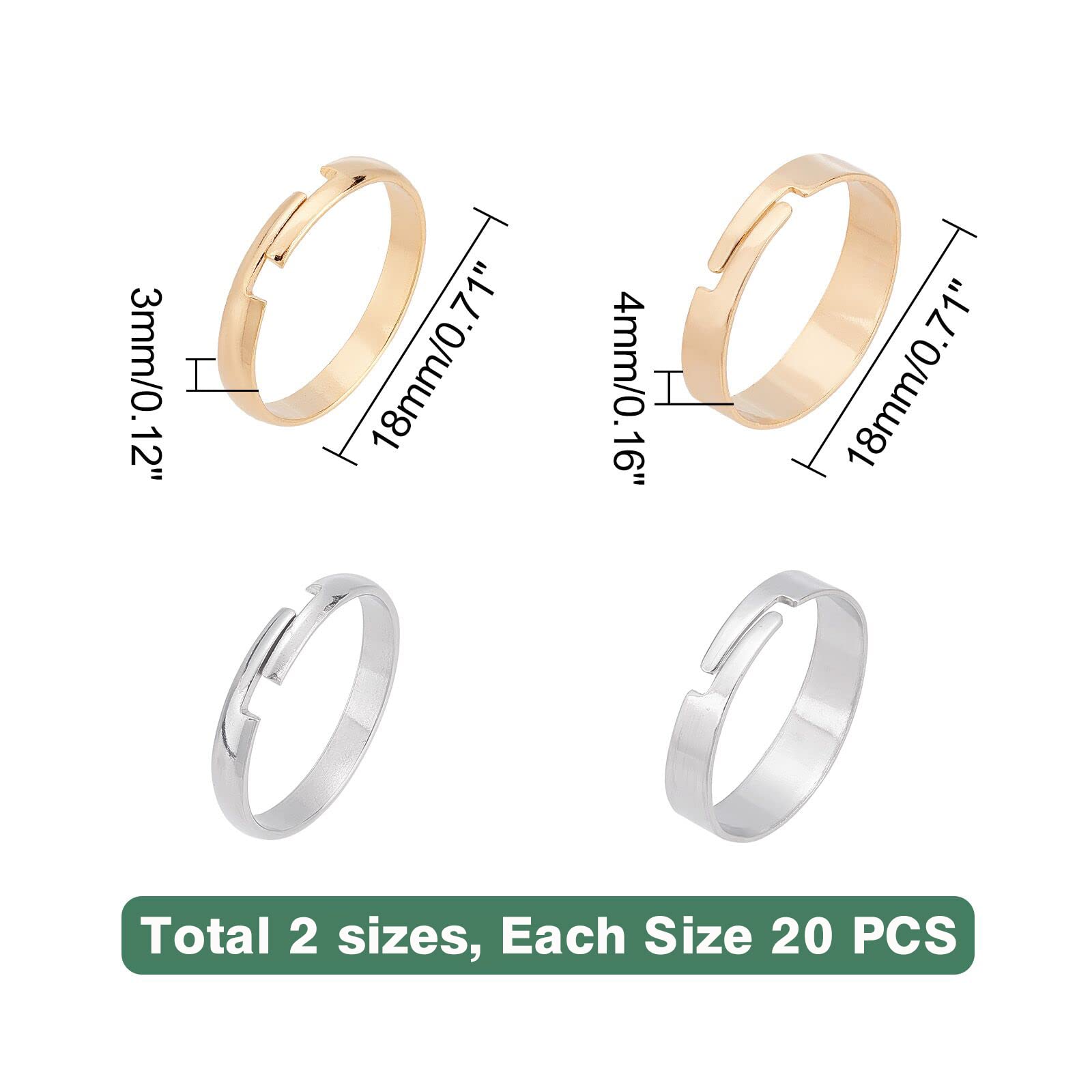 UNICRAFTALE 40pcs 2 Styles Adjustable Band Finger Ring Size7 Stainless Steel Plain Knuckle Rings 2 Colors Flat Metal Finger Ring Wedding Band for Women Men