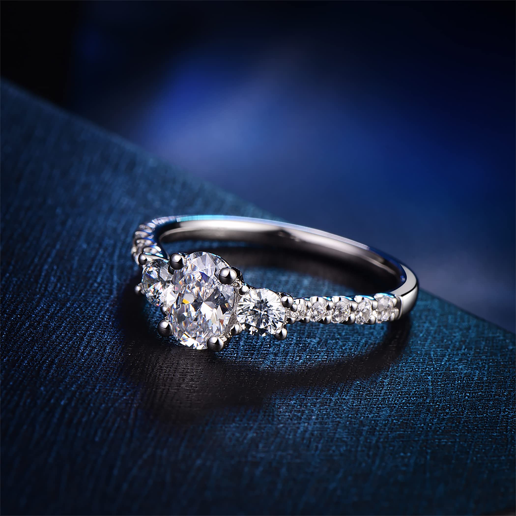 Petite Micropavé Trio 3 Stone 1.5ct Oval Cut D Color VVS Moissanite Engagement Ring Silver Moissanite Rings for Women (5)