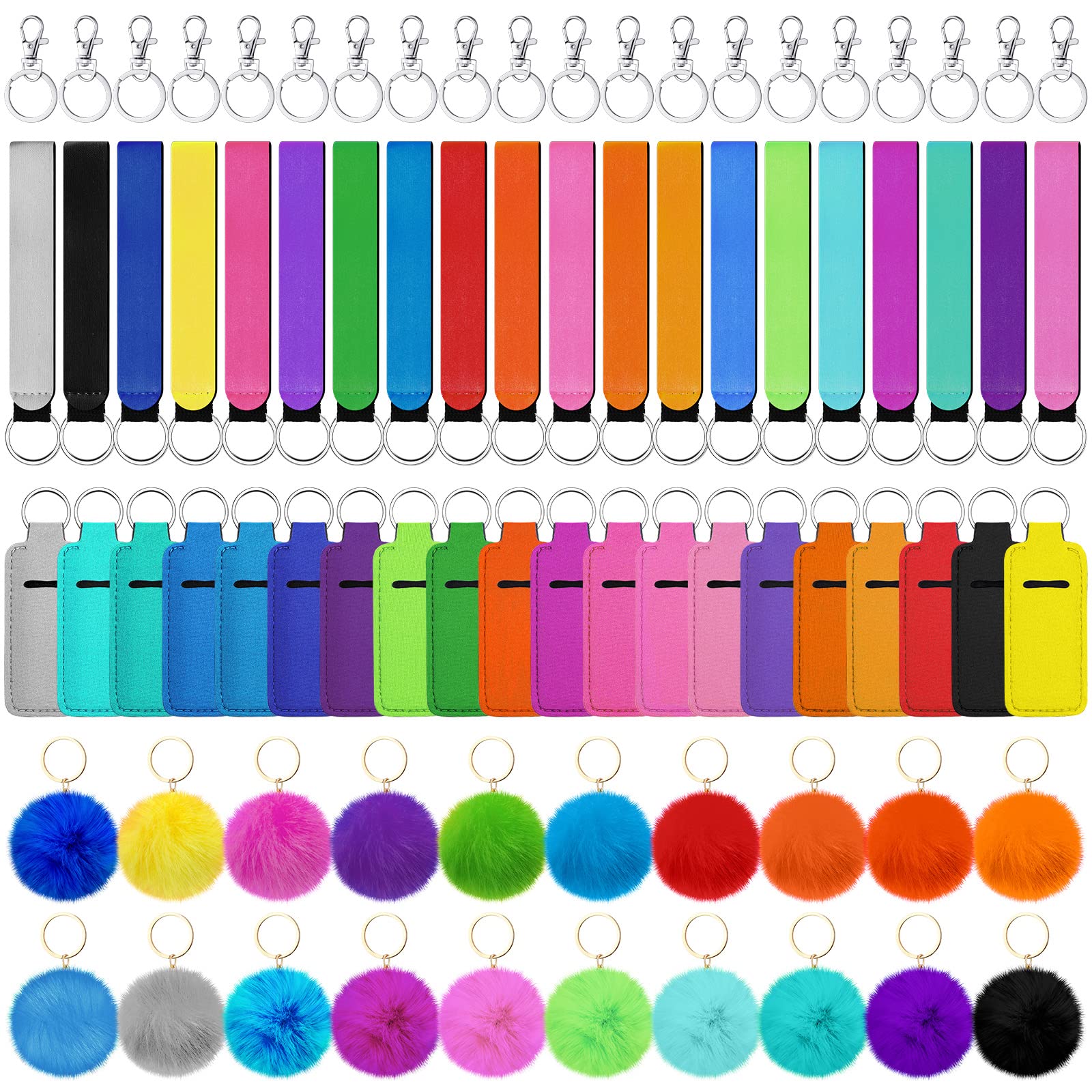 Tudomro Keychain Lip Balm Holder Set Include Lipstick Holder, Colorful Keychain Wristlet Lanyard, Fluffy Ball Pom Accessory and Metal Keychains for Purse Handbag (Bright Color, 20 Sets)