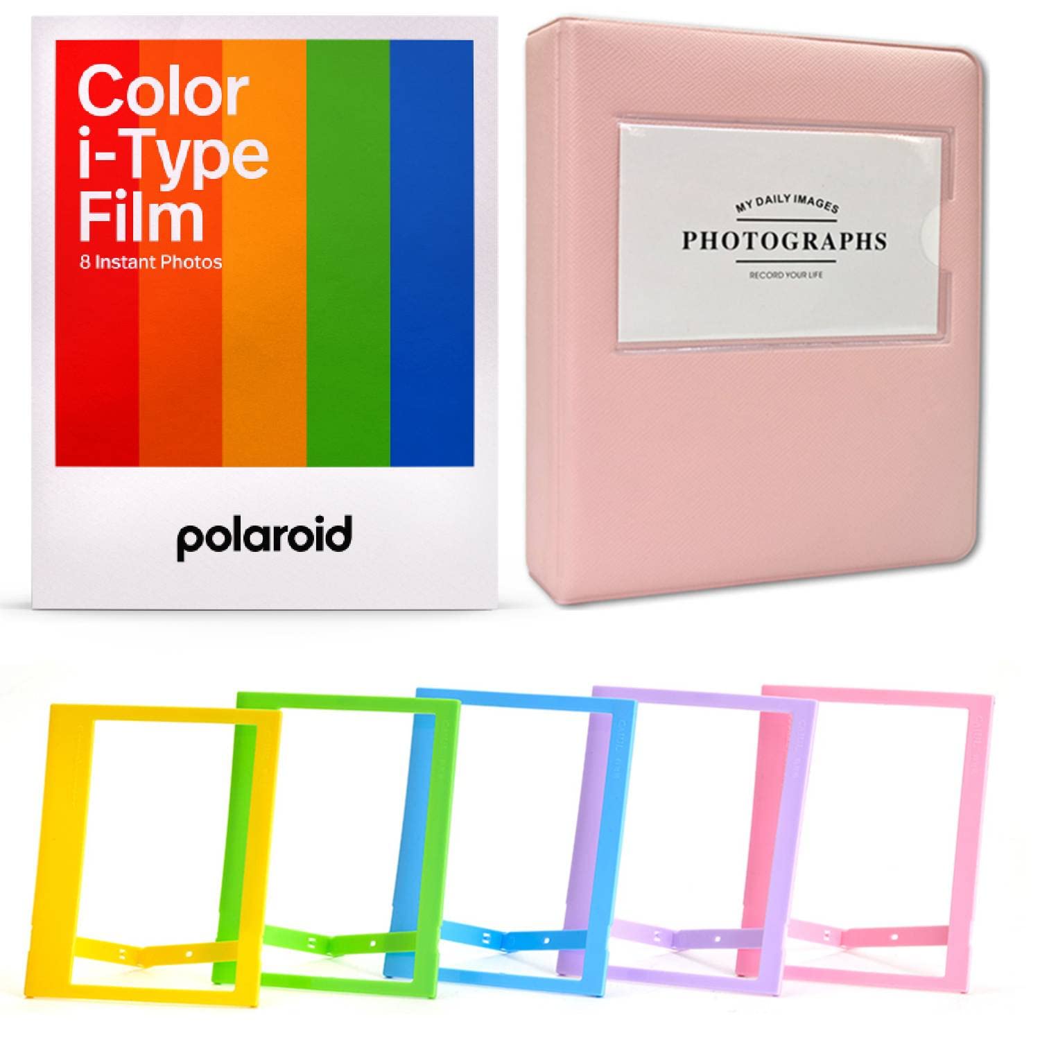 Polaroid Color Film for I-Type (8 Exposures) + Pink Album - Holds 32 Photos + Plastic Frames - Assorted Colors
