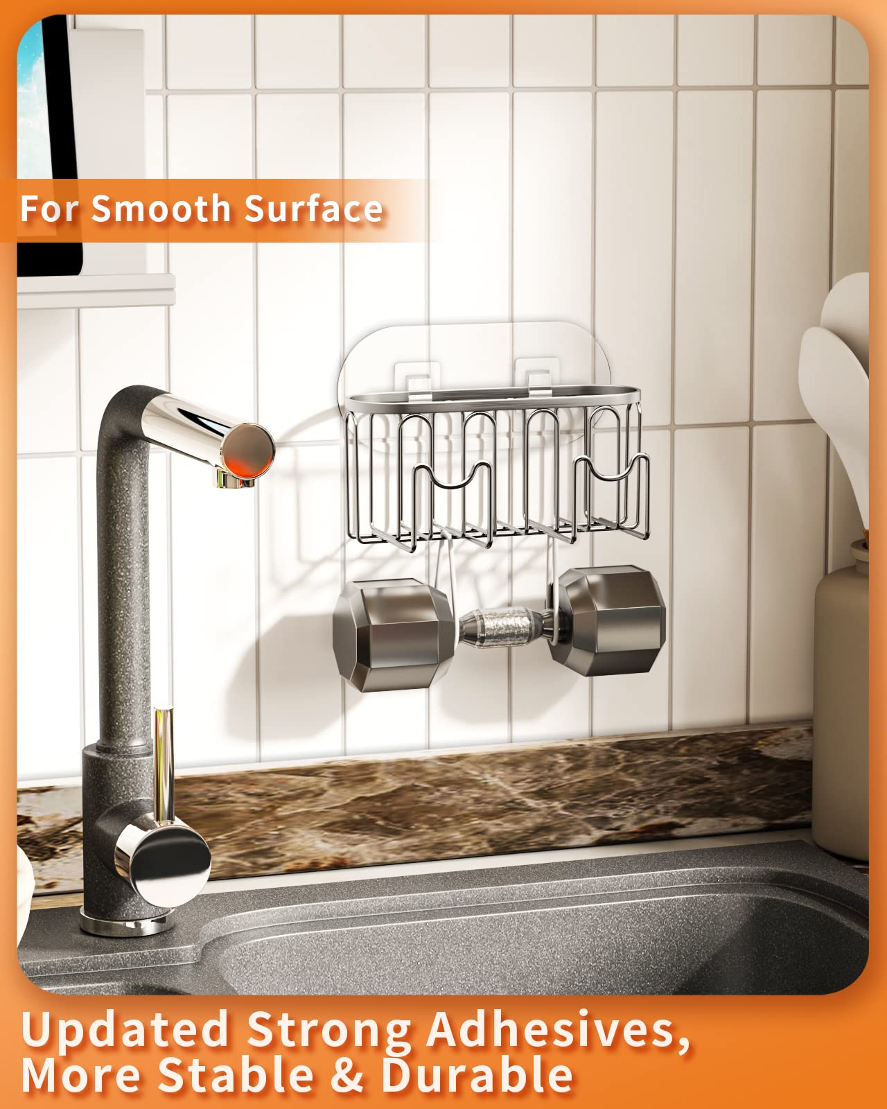 SWTYMIKI Sink Sponge Holder With Double Hook, Stainless Steel Sink Caddy Kitchen Sink Organizer Multifunctional Rustproof Kitchen Sponge Holder for Kitchen Sink Accessories, Silver