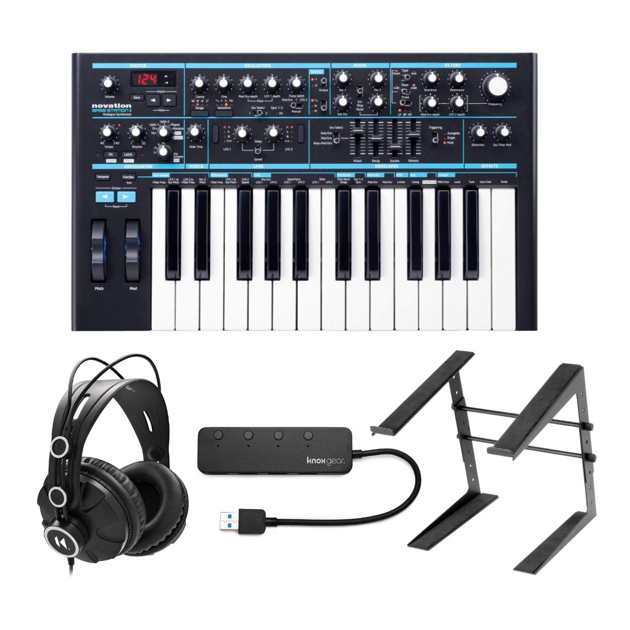 Novation Bass Station II Analog Synthesizer Bundle with Closed-Back Studio Monitor Headphones, Laptop Stand, and 4-Port USB 3.0 Hub (4 Items)