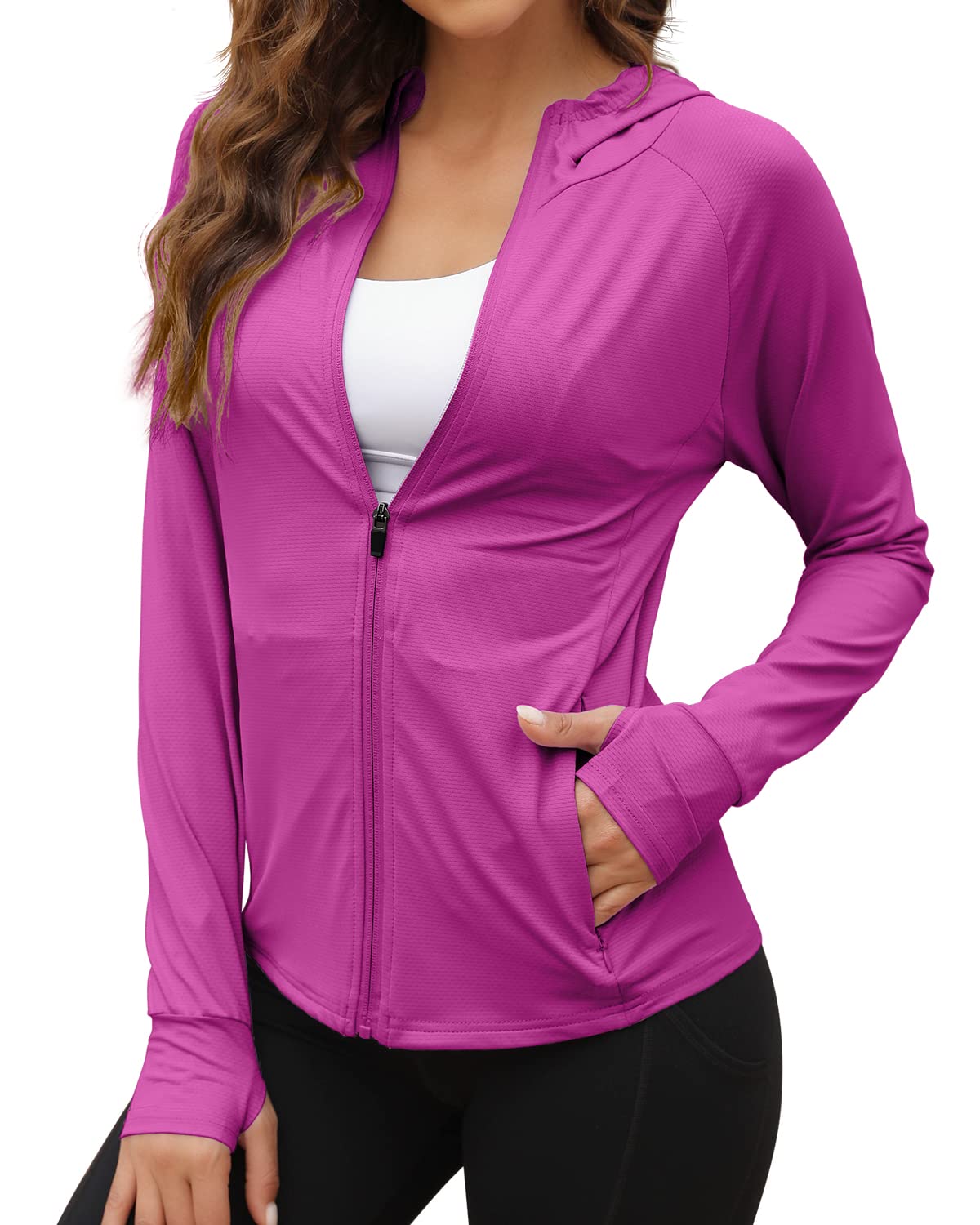 We1Fit Women's UPF 50+ Sun Protection Jacket Hoodie Sun Shirts Hiking Running Athletic Shirt Rose Red