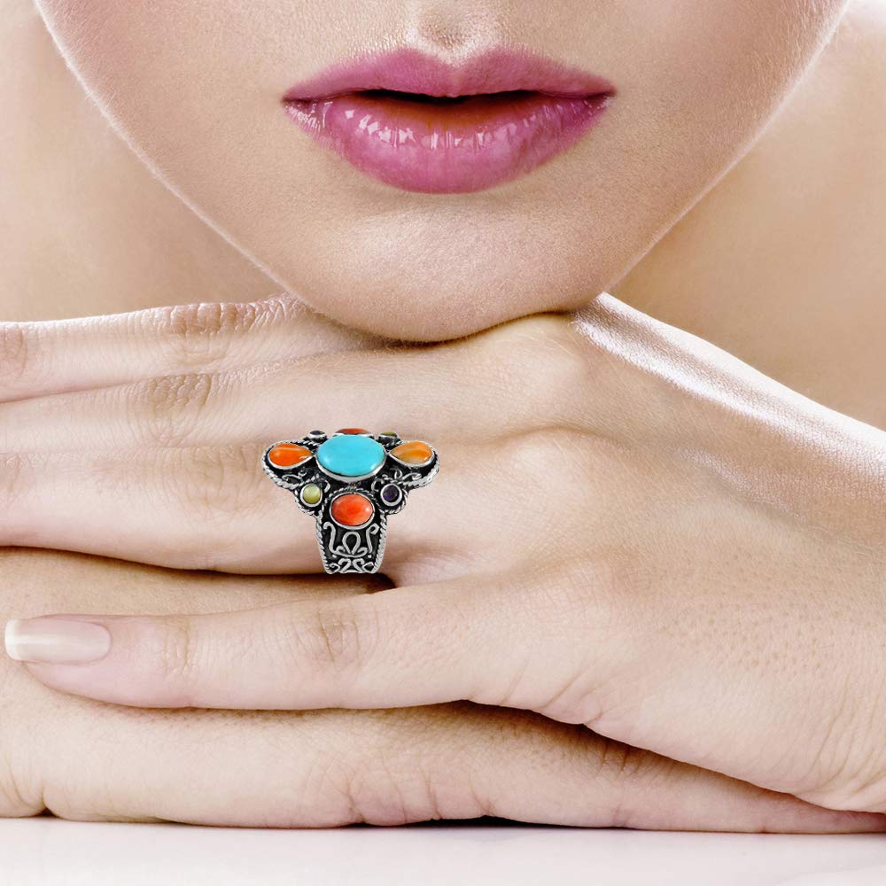Turquoise Ring Sterling Silver 925 Genuine Gemstones Size 6 to 11 (Turquoise) (7)