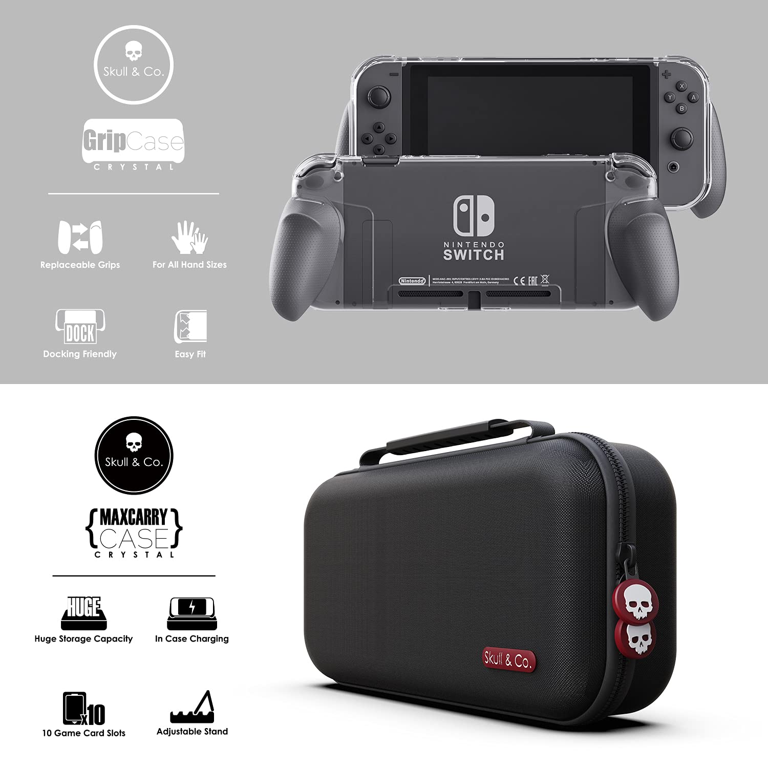 Skull & Co. GripCase Crystal Bundle: A Dockable Transparent Protective Cover Case with Replaceable Grips [to fit All Hands Sizes] for Nintendo Switch - Gray