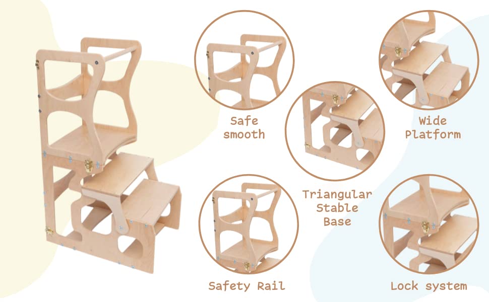 WoodandHearts Montessori Step Stool for toddlers - 2 in 1 Multifunctional Learning Tower - Kitchen Standing Helper (with shapes cutouts)