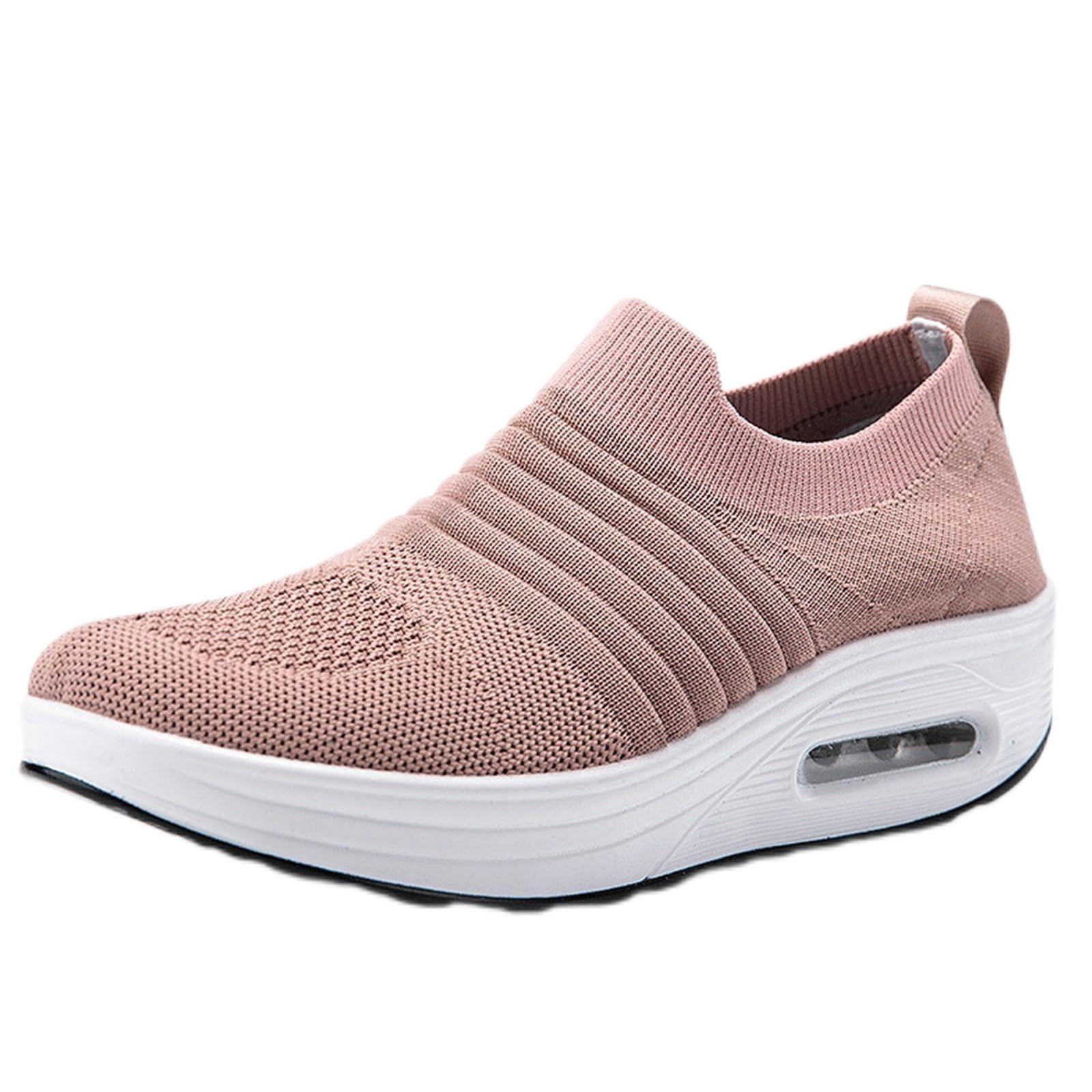 RiceelSor Women's Mesh Sock Walking Sneakers Air Cushion Slip On Breathable Non Slip Bring Arch Support Lightweight for Nursing Work Platform Loafers (Pink,4.5,Women,4.5)