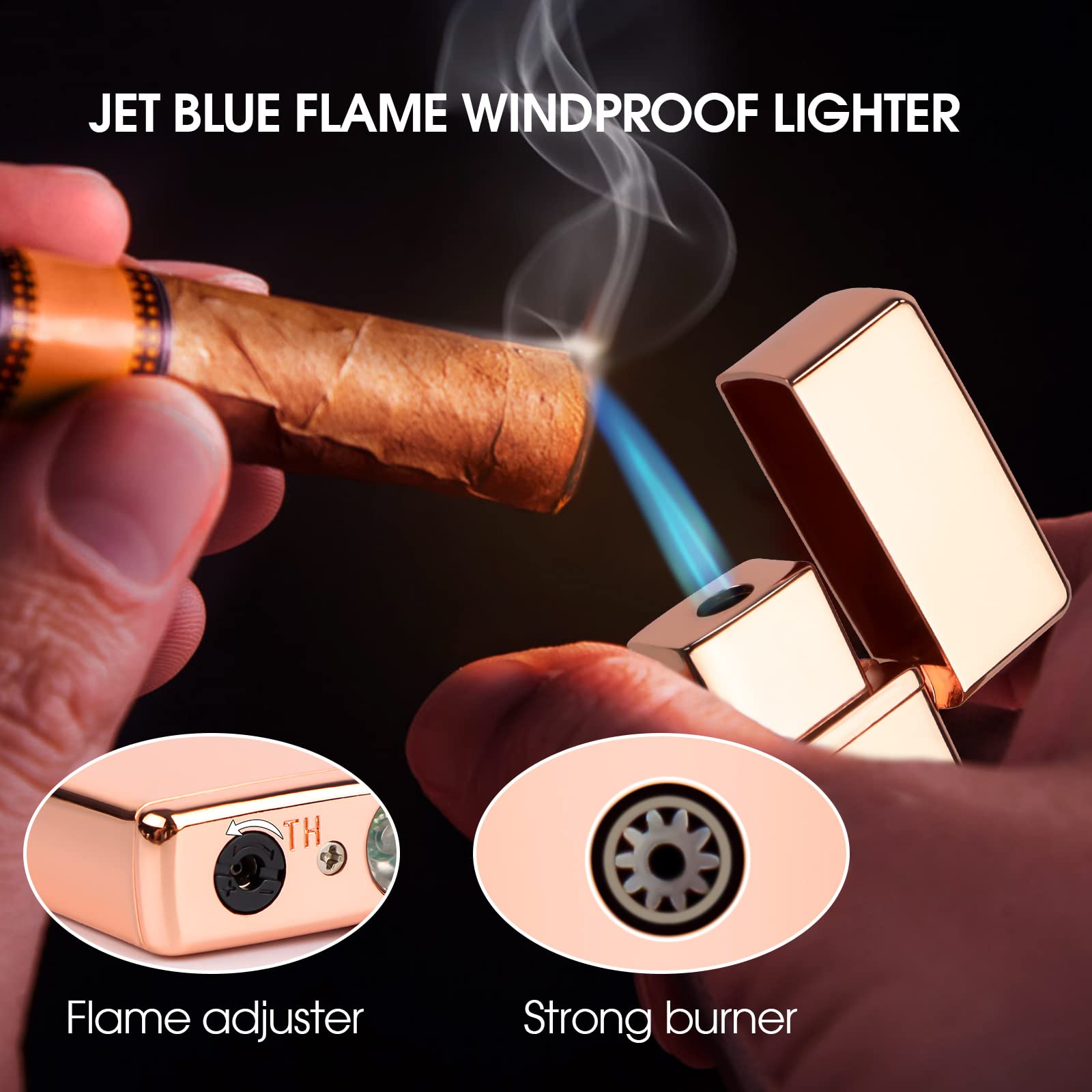 Torch Rose Gold Lighter, Windproof Rechargeable Tungsten Lighters with Flashlight, Refillable Butane Cool Cigar Lighter, Noble Gift for Festival, Birthday.