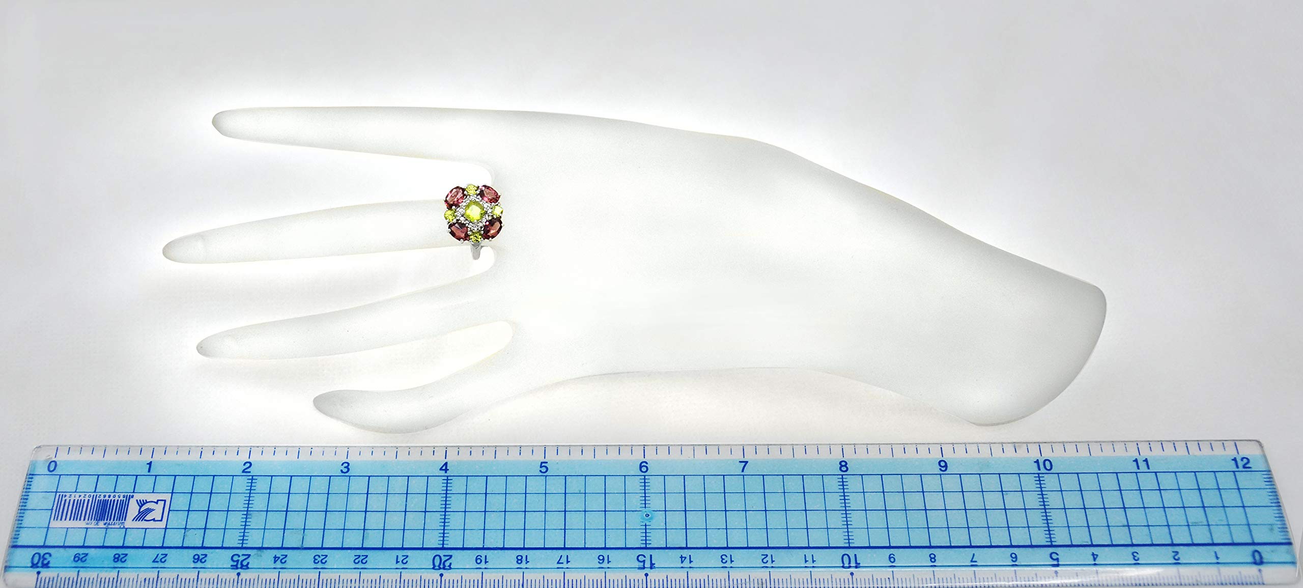 RB Gems Sterling Silver 925 Ring GENUINE GEMS Cushion 5 mm, Rhodium-Plated Finish, Floral Cluster Design (10, peridot)