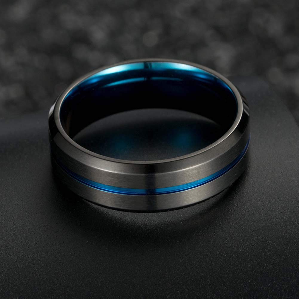 Ringcrown Couple Rings Black Gold Filled Princess Cut Blue Cz Womens Wedding Ring Sets Man Tungsten Wedding Band(Please Buy Two Rings for one Pair)