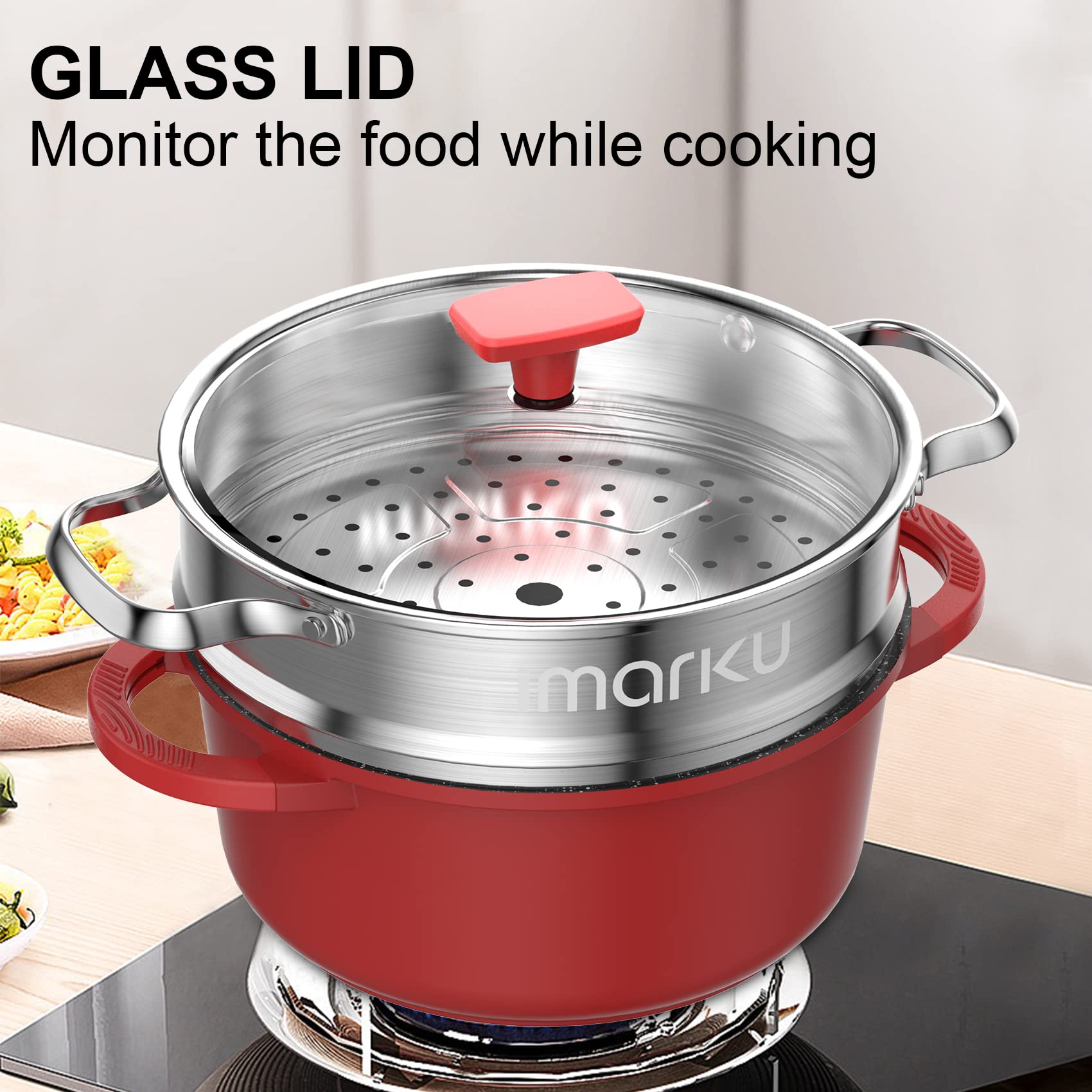 Pots and Pans Set, imarku 11 Pieces Nonstick Induction Kitchen Cookware Set, Toxic-Free Pans set for Cooking, with Frying Pan and Saucepan, Suitable for All Stoves, Ideal Kitchenware Gift, Red
