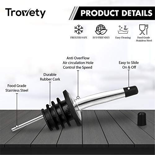 Trovety Black Liquor Bottle Dispenser Spouts β Speed Pours for Alcohol, Olive Oil and Shave Ice Syrup β Rustproof Stainless Steel with Dust Caps (2)