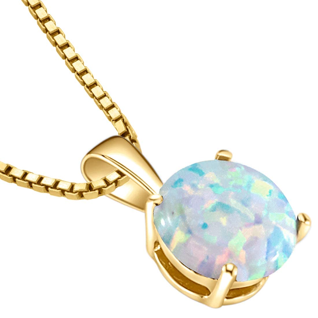 PEORA 14K Yellow Gold Created White Fire Opal Pendant for Women, Classic Solitaire, 1 Carat Round Shape AAA Grade