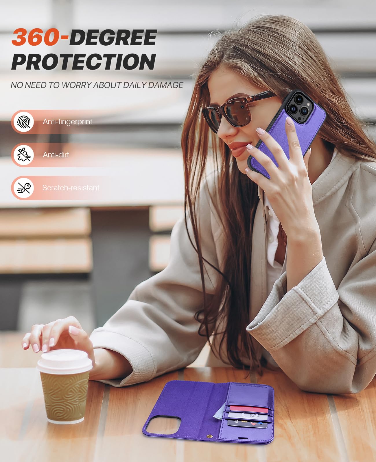 OCASE for iPhone 15 Pro Detachable Wallet Case with Card Holder, [2 in 1] PU Leather Flip Folio Case with RFID Blocking Magnetic Stand Removable Shockproof Phone Cover 6.1 Inch, Purple