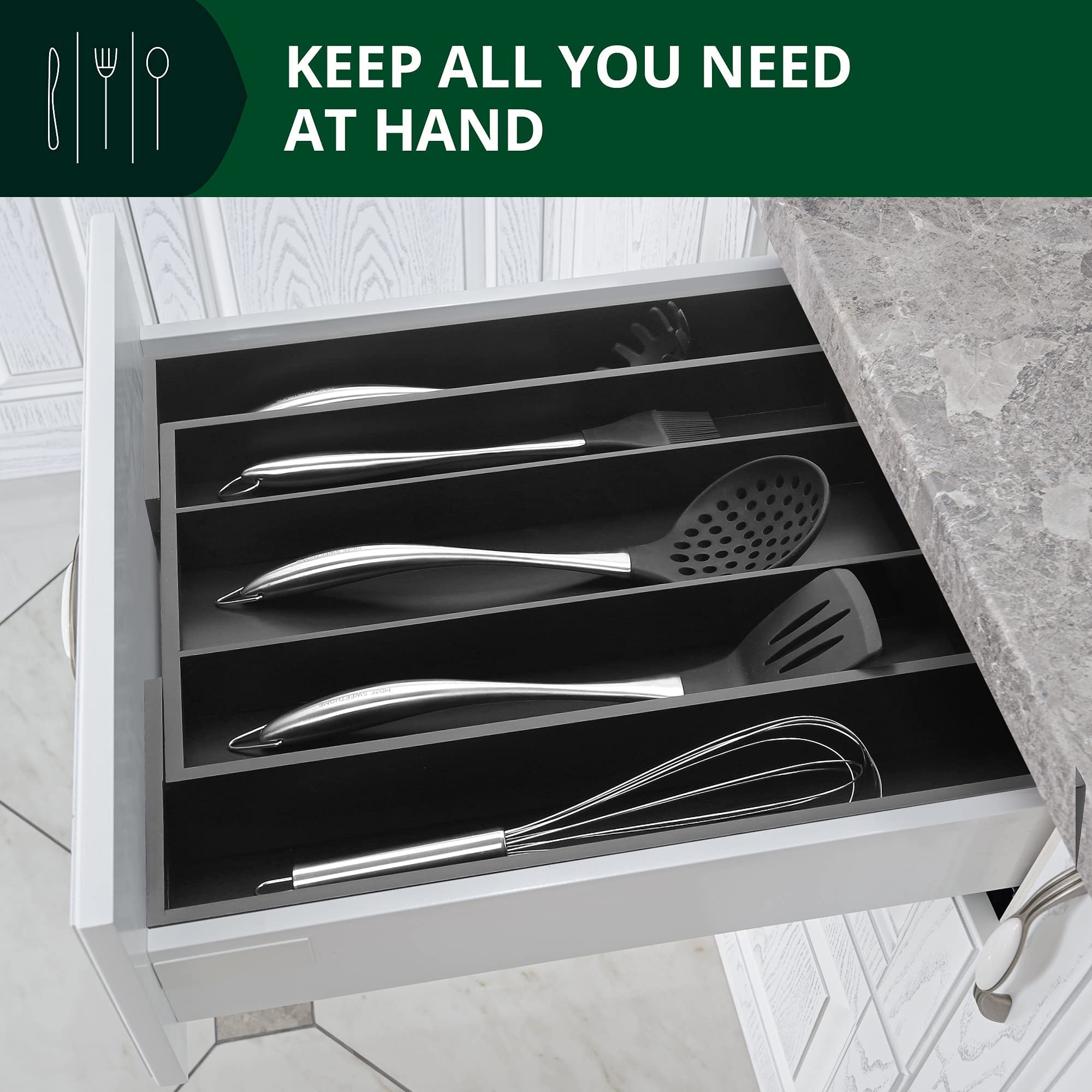ROYAL CRAFT WOOD Luxury Bamboo Caddy Expandable Drawer and Utensil Organizer, Silverware Holder and Cutlery Tray, 19.6" x17", Black
