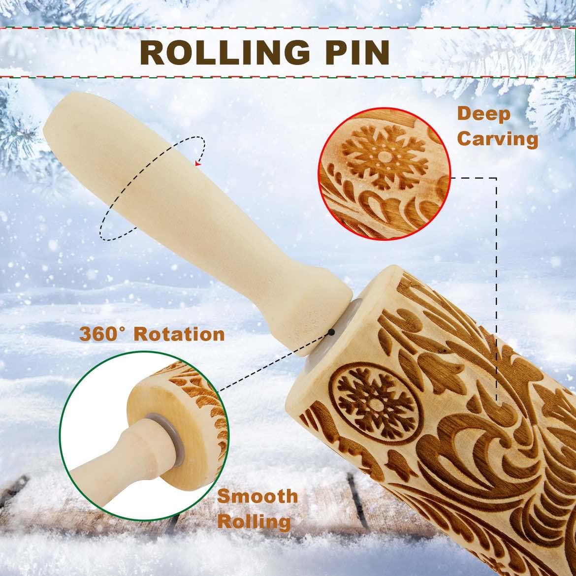 Wooden Engraved Rolling Pin with Christmas Snowflake Designs - For Baking Cookies and Decor