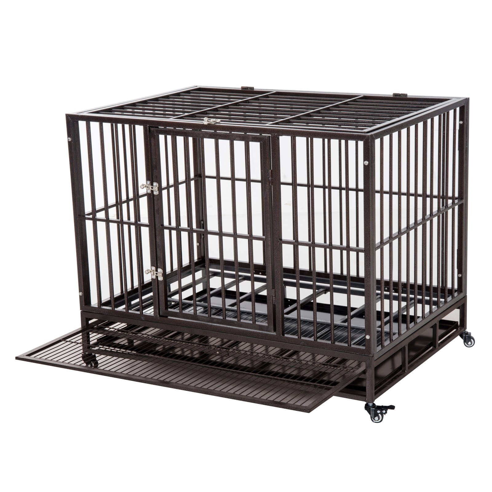 PawHut 42" Heavy Duty Dog Crate Metal Cage Kennel with Lockable Wheels, Double Door and Removable Tray, Brown
