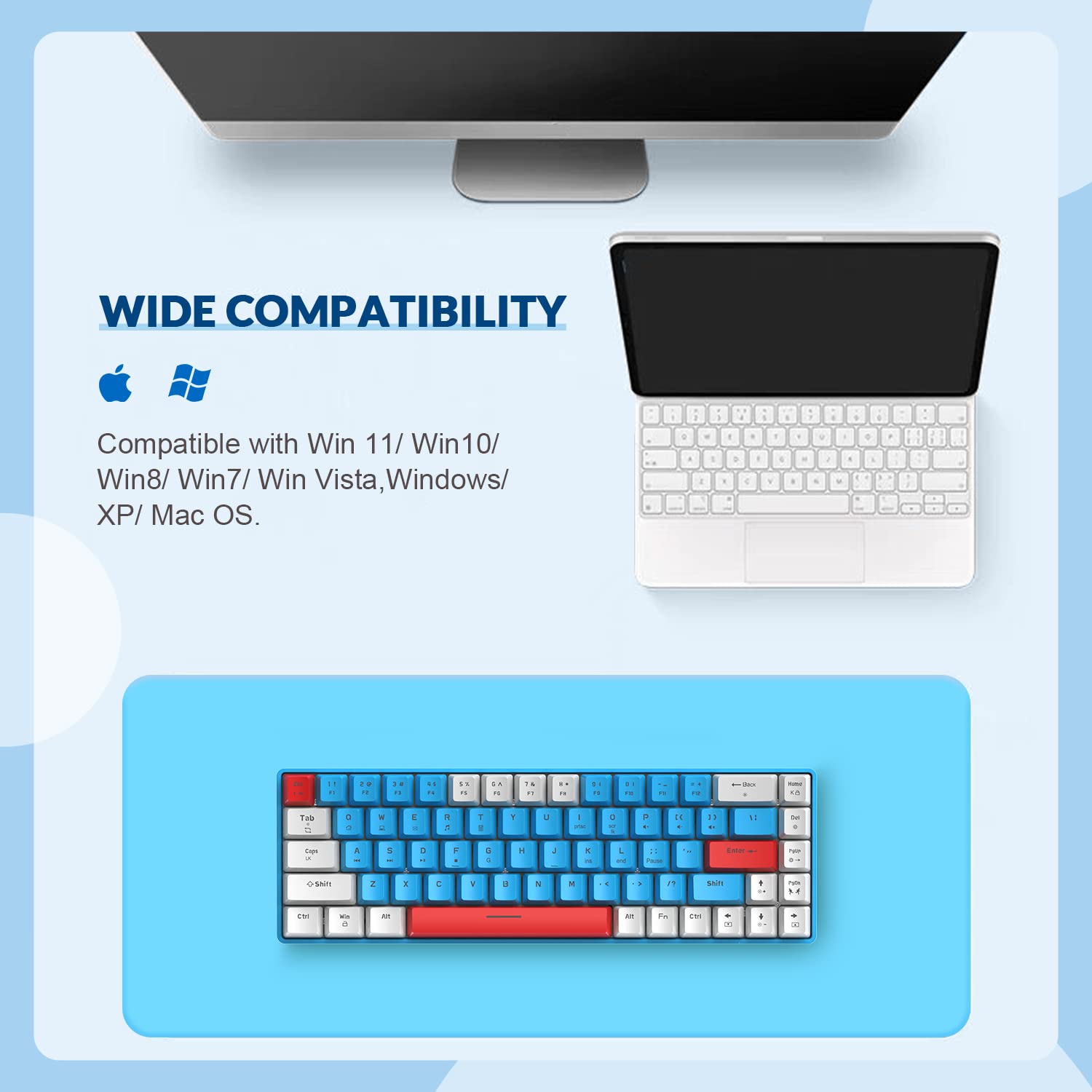 YINDIAO T8 60% Gaming Keyboard,68 Keys Compact Mini Wired Mechanical Keyboard with 18 Chroma RGB Backlit,Blue Switch,USB C Coiled Keyboard Cable,for PC,Laptop,Mac,PS4,XBOX-Black