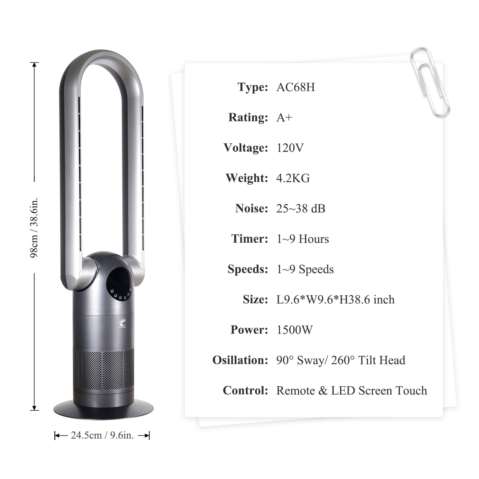 Ocean Loong 1500W Space Heater & 38.6” Bladeless Tower Fan for Home Bedroom, Eco Electric Heater with Adjustable Thermostat, Tip-Over Switch, Remote, Timer, Oscillating Floor Fan, AC68, (Grey)